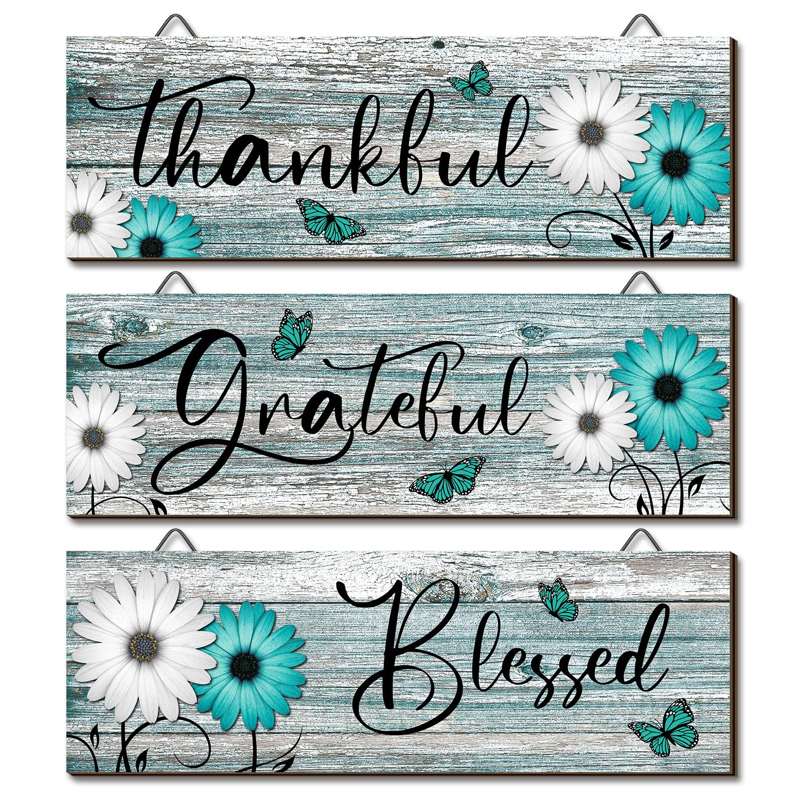 Geetery 3 Pcs Thankful Grateful Blessed Wooden Signs Rustic Daisy Wood ...
