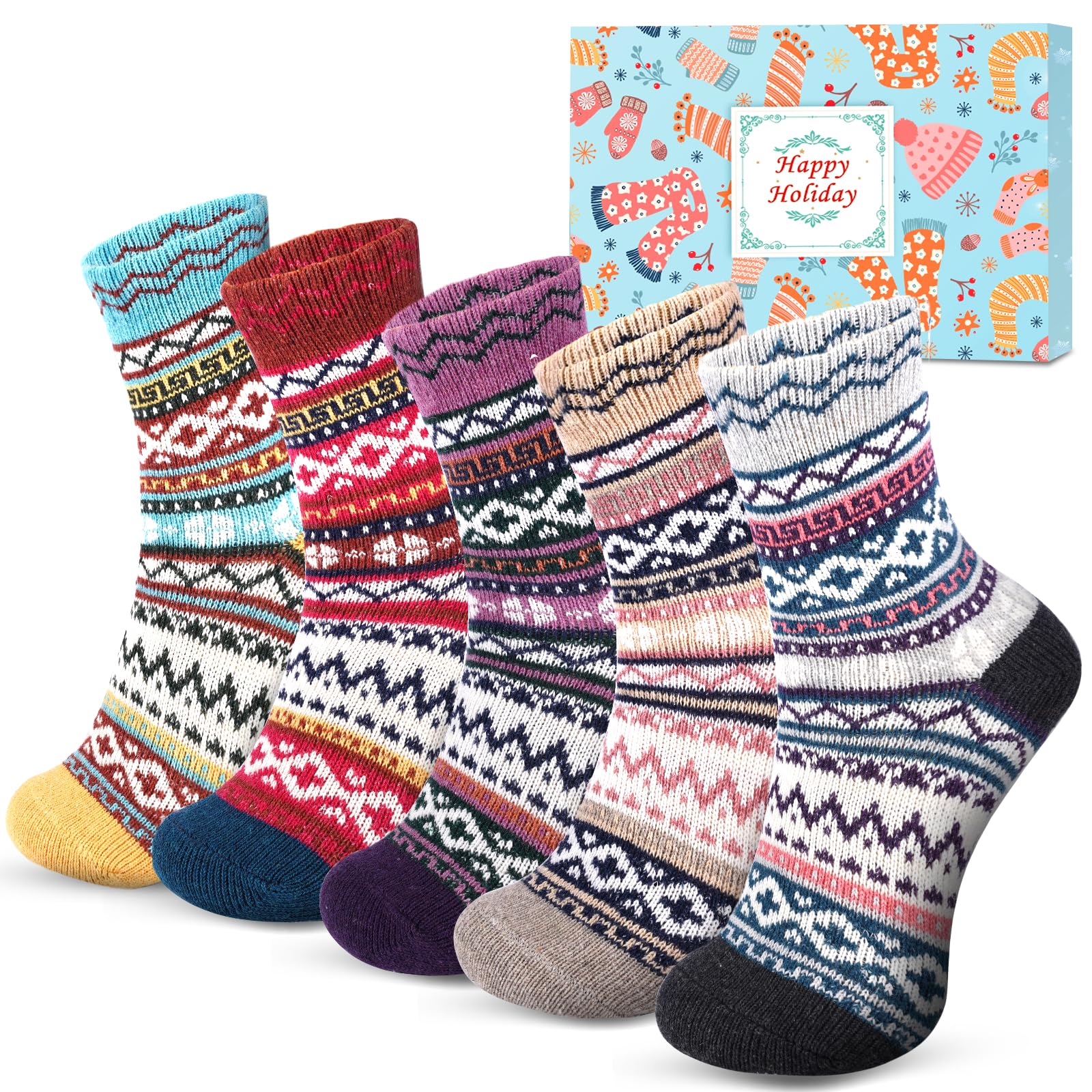 URECOVER Gifts for Women Socks Stocking Stuffers - 5 Pairs Vintage Wool ...