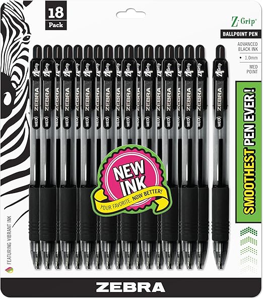 ZEBRA Z-Grip Retractable Ballpoint Pen, 1.0mm, Black Ink, 18 Pack ...
