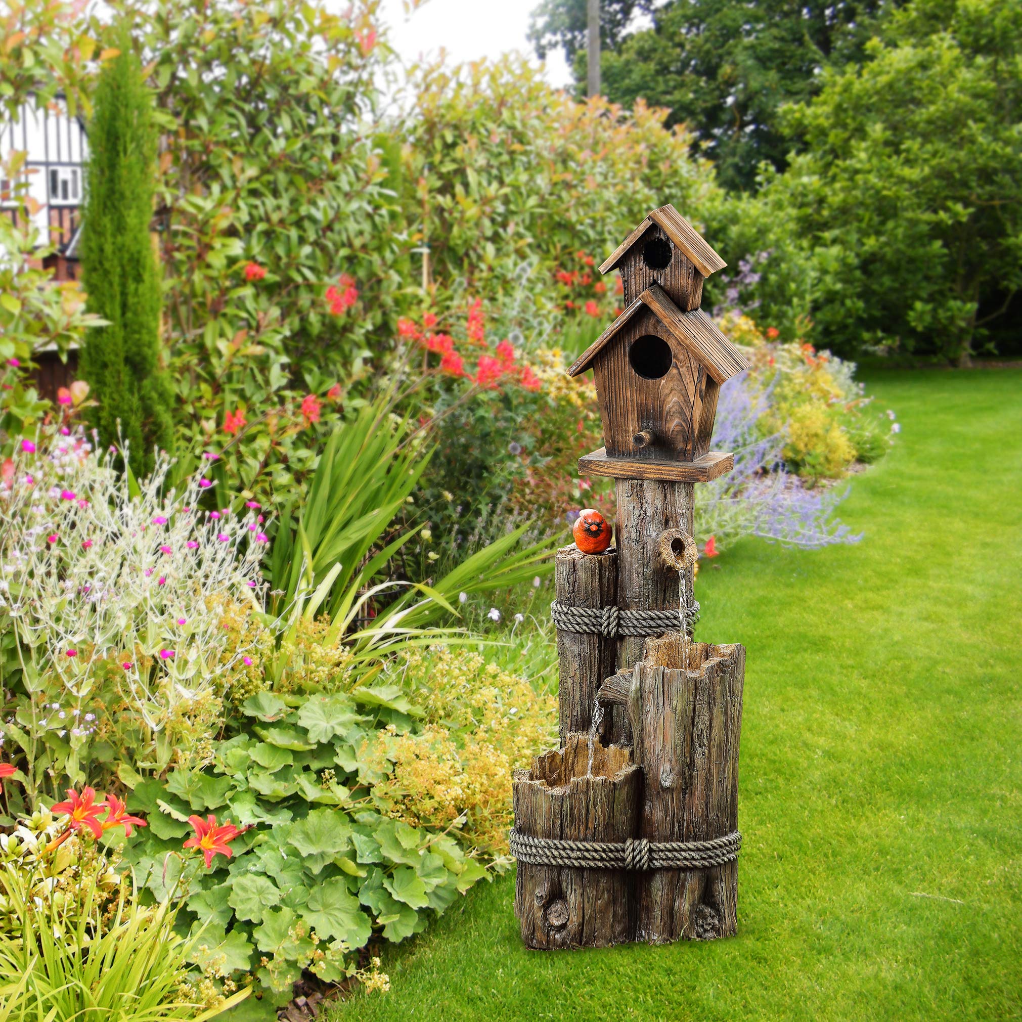 Alpine Corporation 3-Tier Birdhouse Water Fountain - Outdoor Cardinal ...