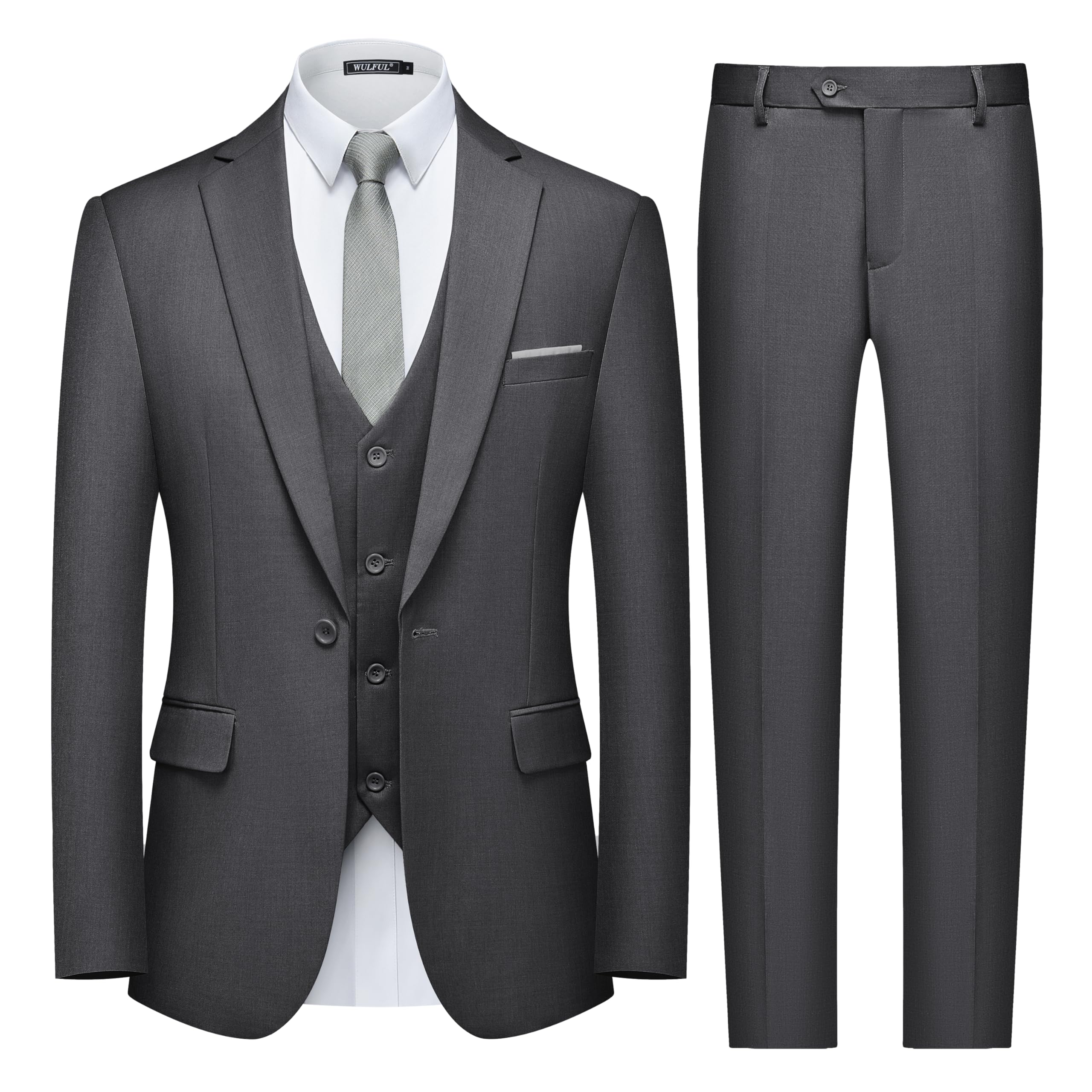 WULFUL Men's Slim Fit 3 Piece Suit, One Button Solid Blazer Business ...