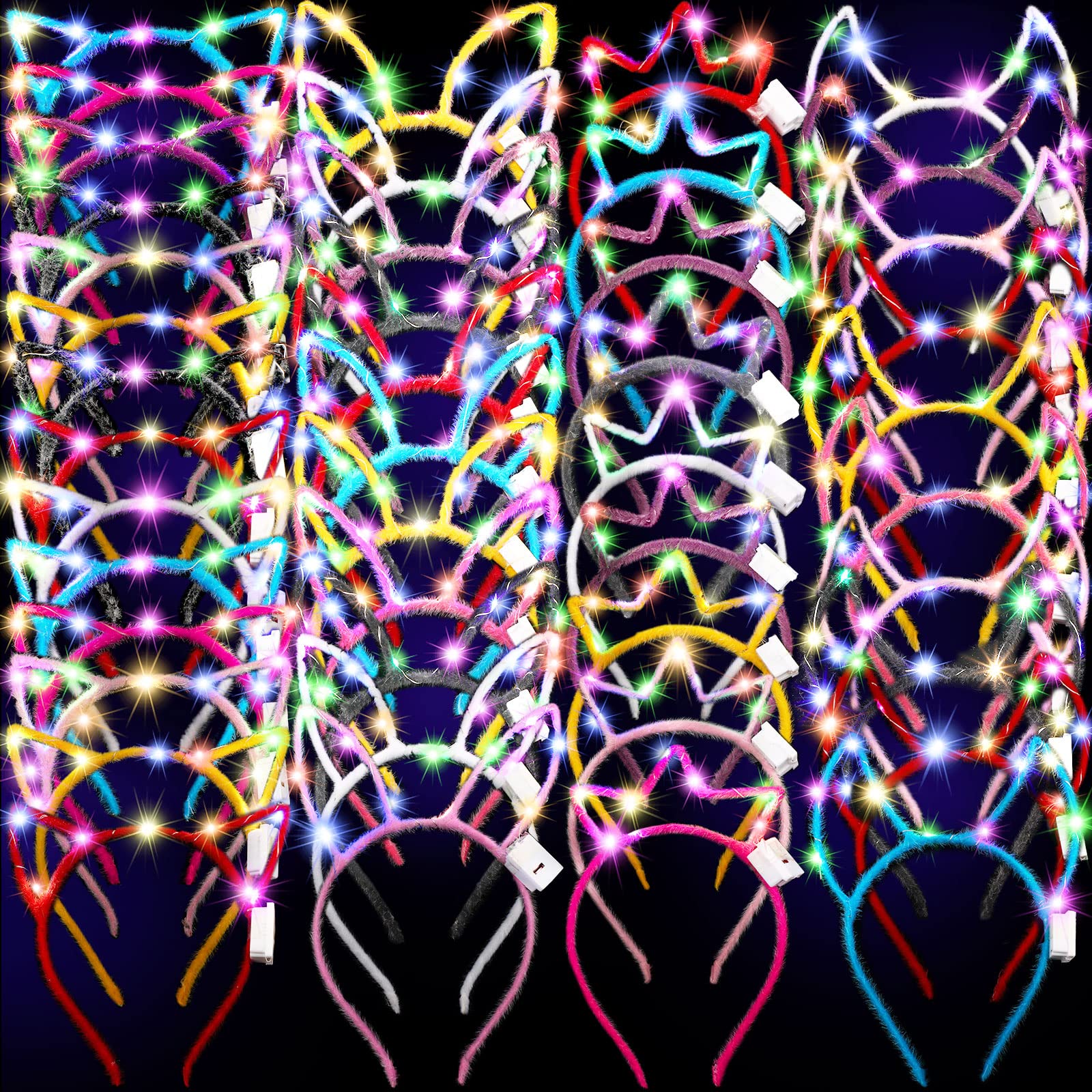 Janinka 64 Pcs Led Cat Ears Headband Bulk, Light up Rave Hair ...