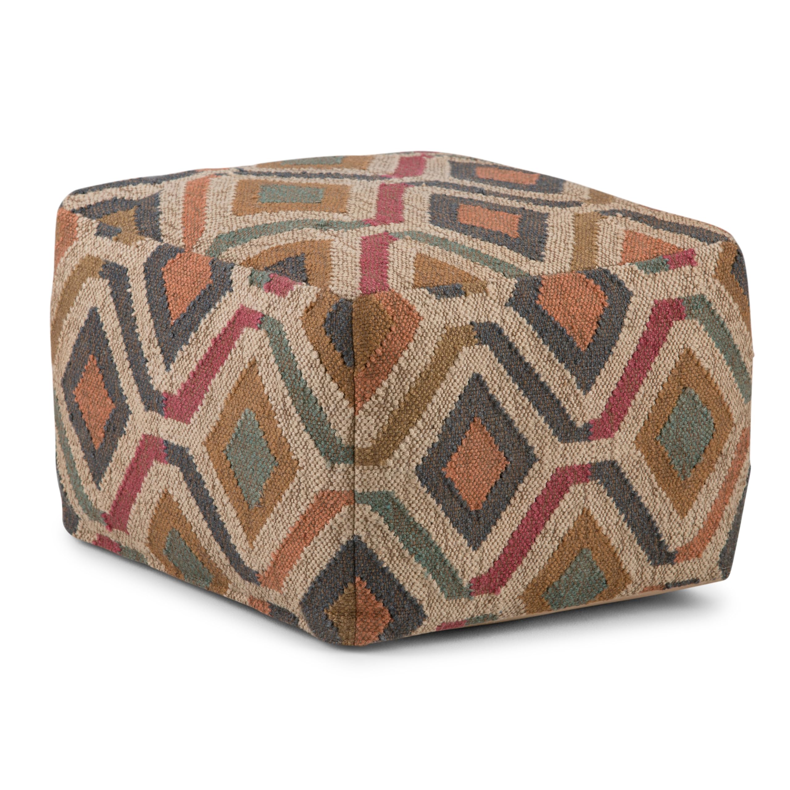 SIMPLIHOME Johanna 20 Inch Boho Square Pouf in Multi-Color Kilim Woven ...