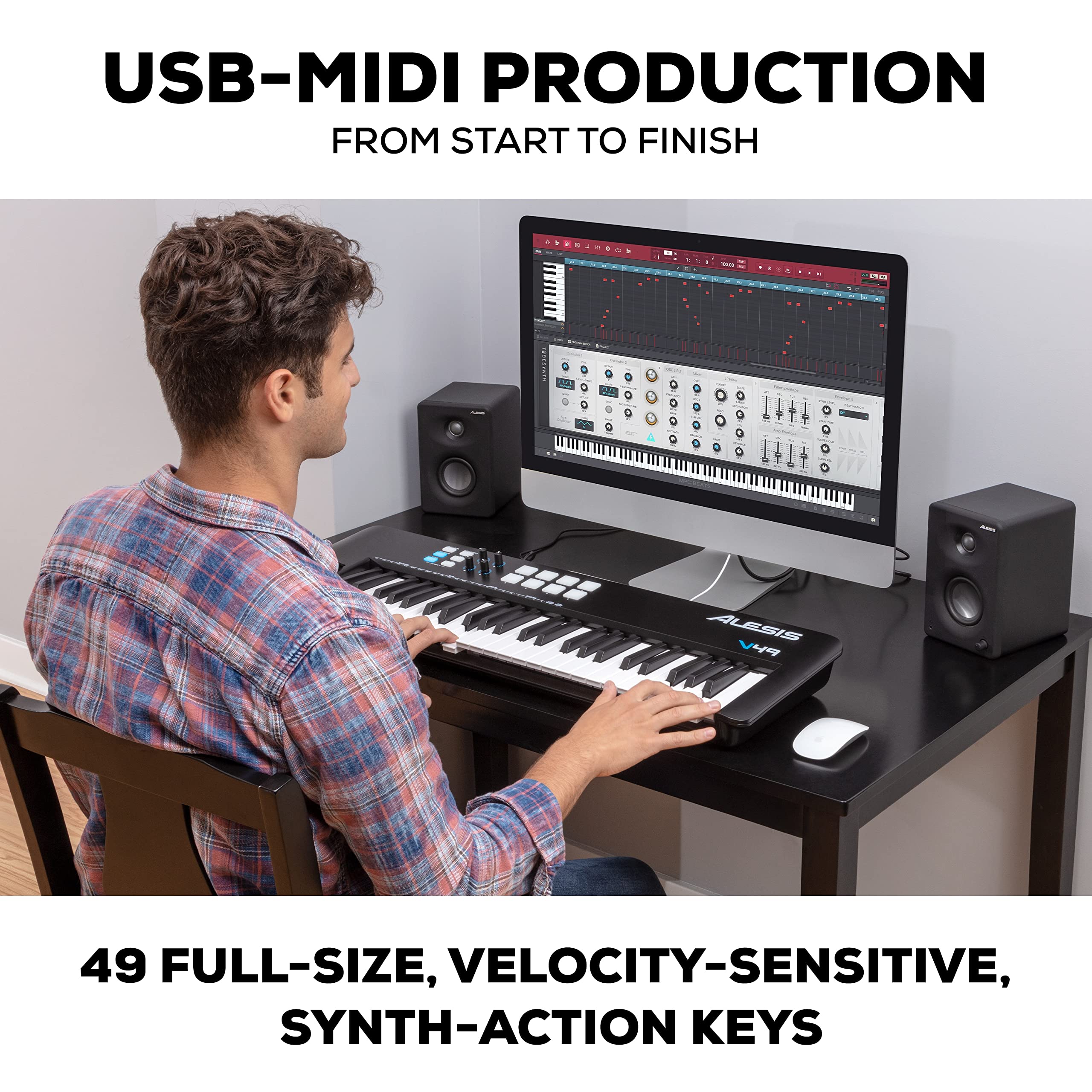 Alesis V49 MKII USB MIDI Keyboard Controller with 49 Velocity Sensitive Keys, 8 Full Level Pads ...