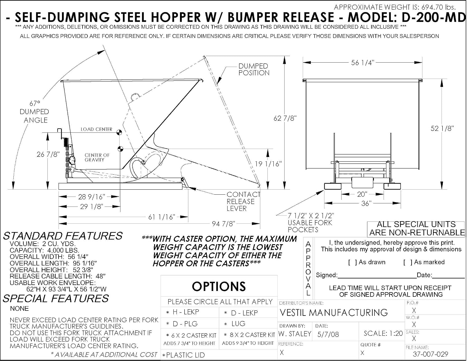 Capacity Orange 4000 lb Vestil D-200-MD-ORG-C Self-Dump MD Hopper ...