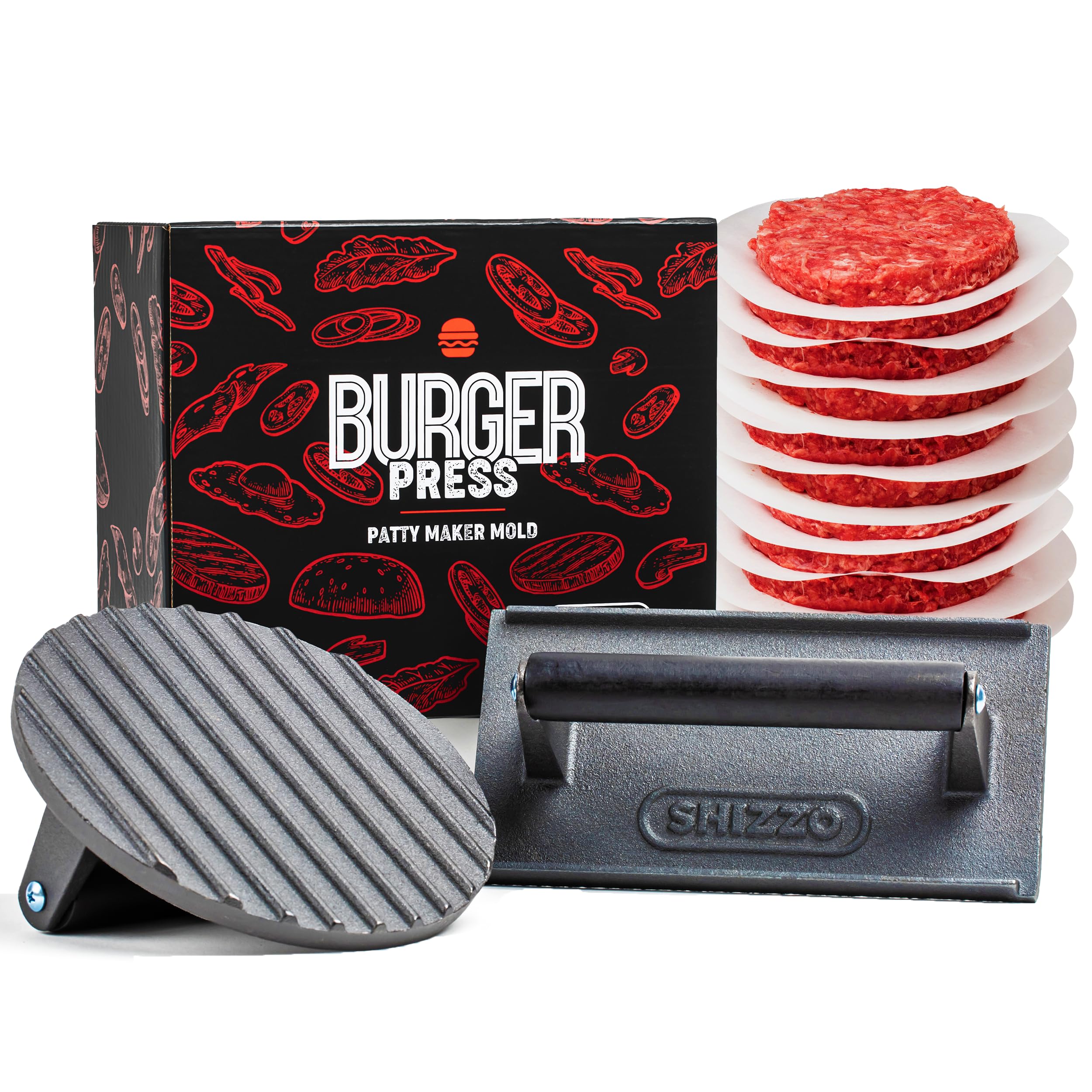 Smash Burger Press Kit, Cast Iron Round + Rectangle Heavy Duty Bacon ...