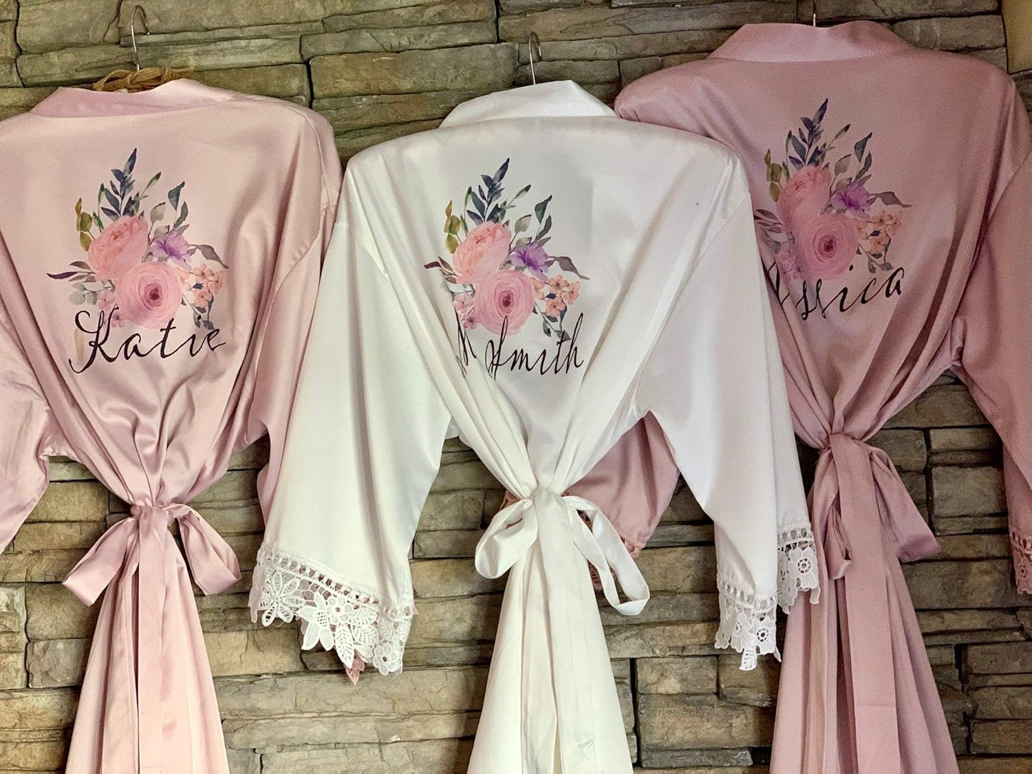 Amazon.com: Personalized Silk Robes with Lace Customized Floral Robe ...