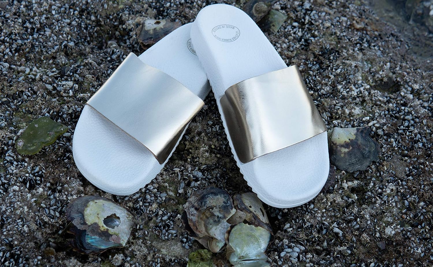 Gold and White Slider Slipper for Women, Lightweight Leather pool ...