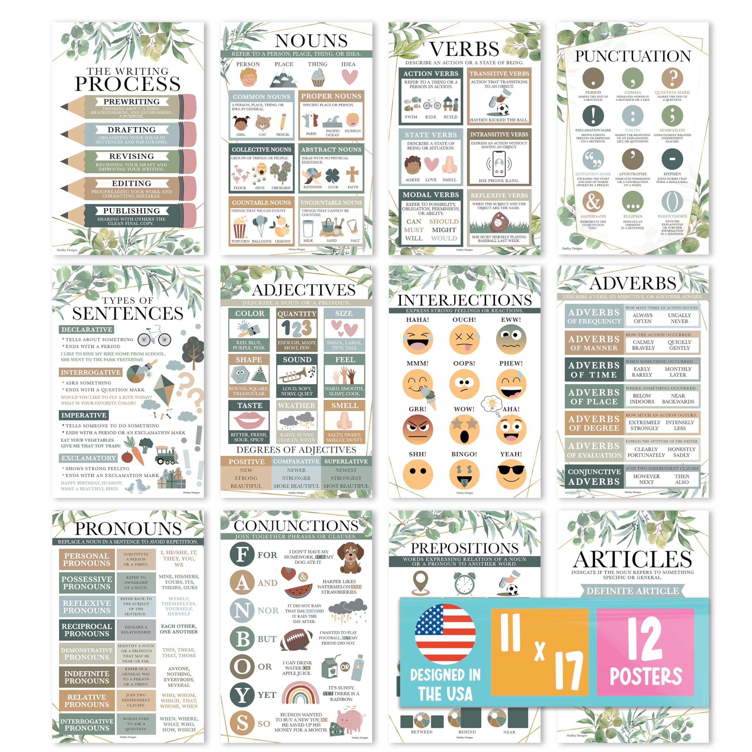 Mua Hadley Designs Parts Of Speech Posters For Classroom - 12 Grammar ...
