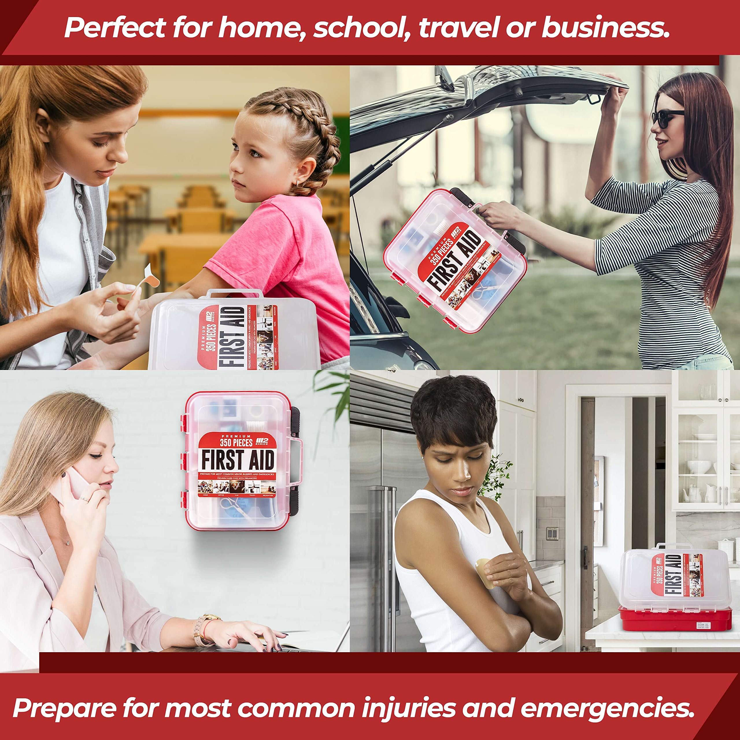 M2 BASICS Professional 350 Piece First Aid Kit | Business, Home, Car | Hard Case, Dual Layer ...