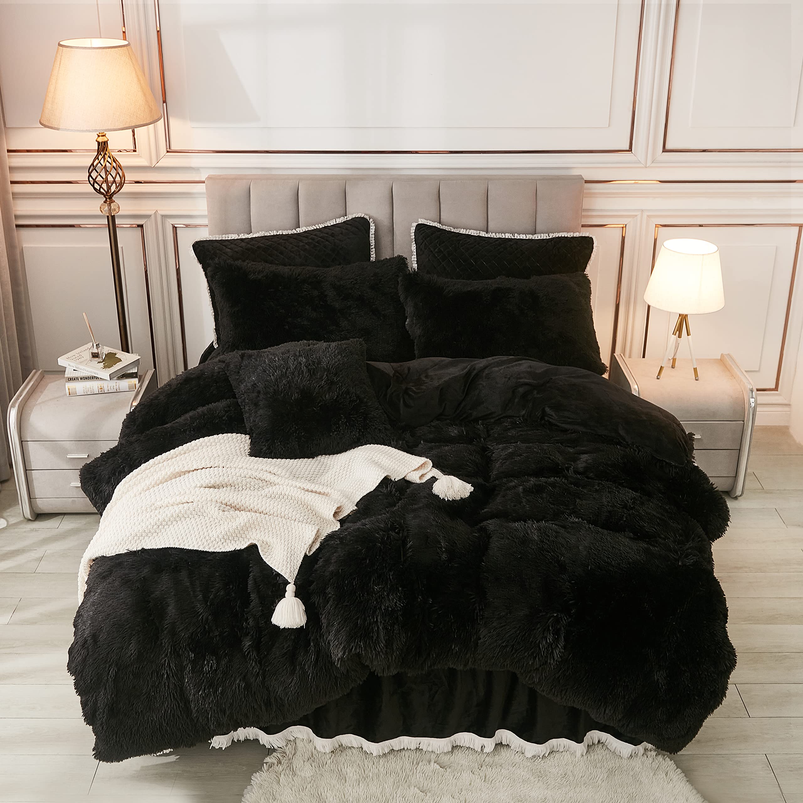 annadaif Black Duvet Cover King Size, Soft Fluffy Faux Fur Velvet ...