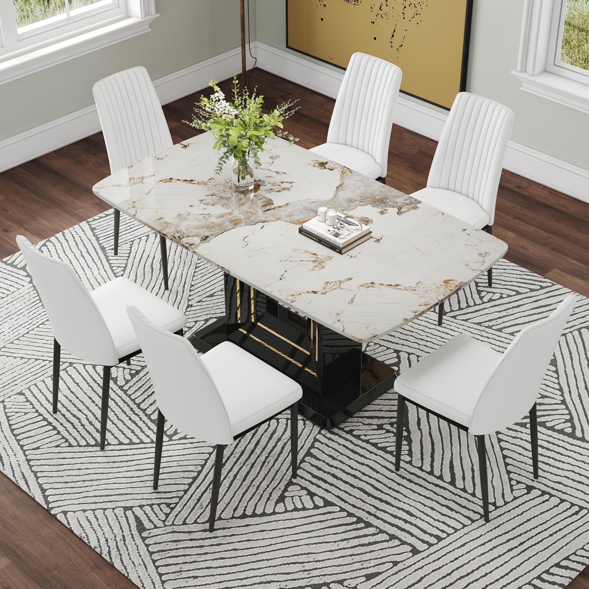 Merax 7-Piece Dining Table Set for 6-8 with Modern Faux Marble ...