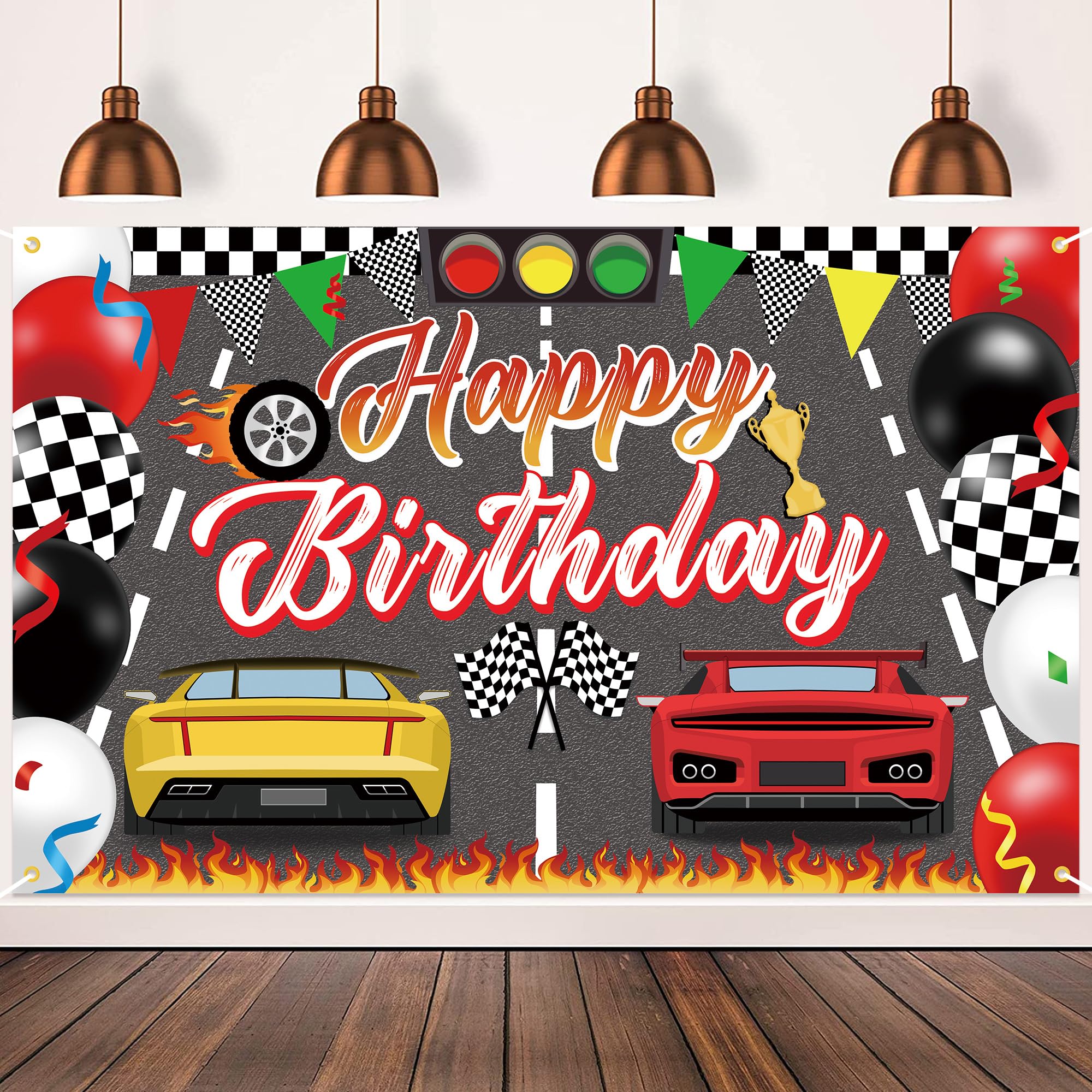 Racing Cars Happy Birthday Decorations Backdrop Banner, Race Car Fast ...