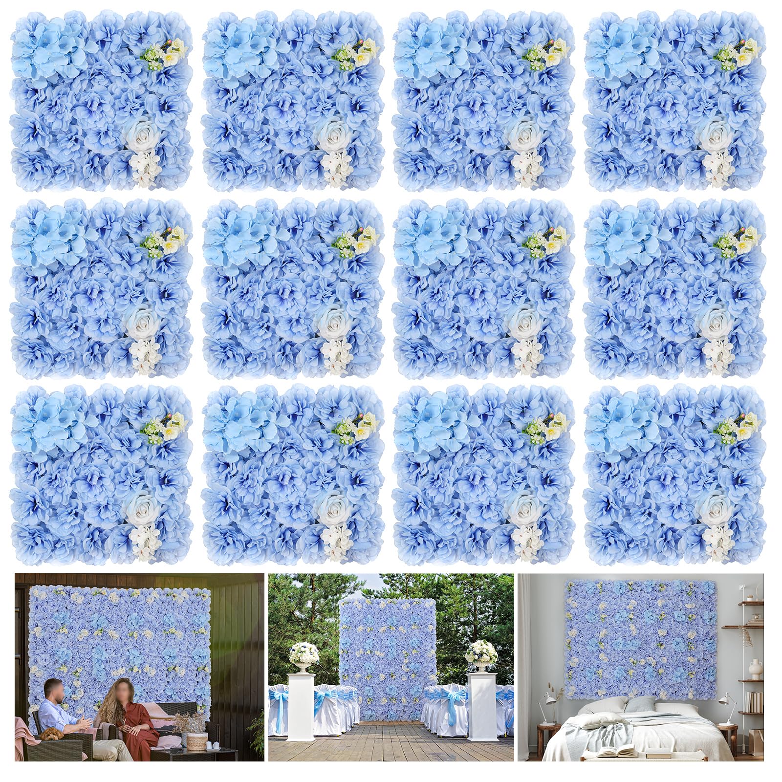 RIDDSEE Silk Flowers Wall Panels for Wedding Backdrop-12packs Blue ...