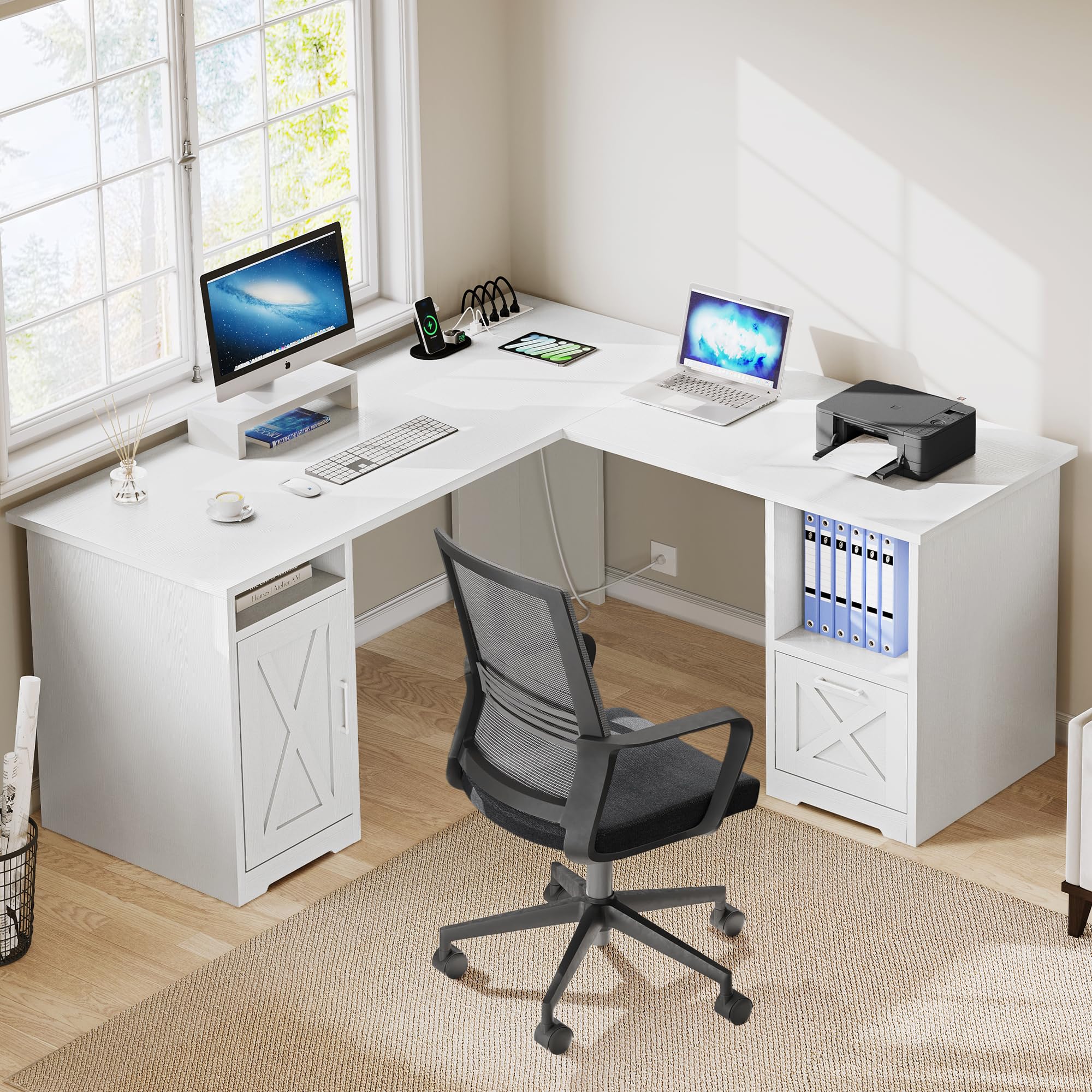 DWVO L Shaped Desk with File Drawer, 60" Corner Computer Desk with ...