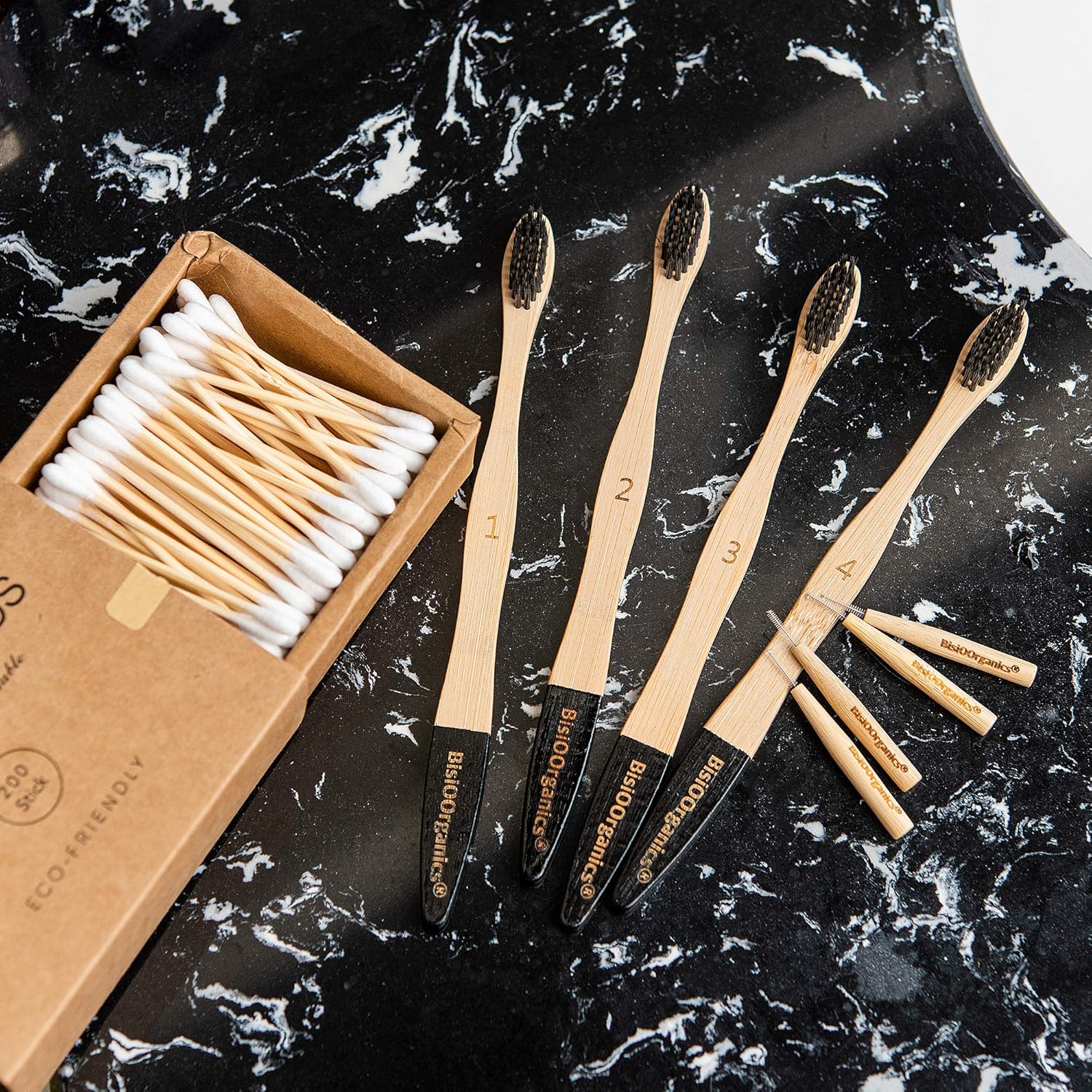 BisiOOrganics Bamboo Hygiene Set – Pack of 4 Bamboo Brushes, 200 Bamboo ...