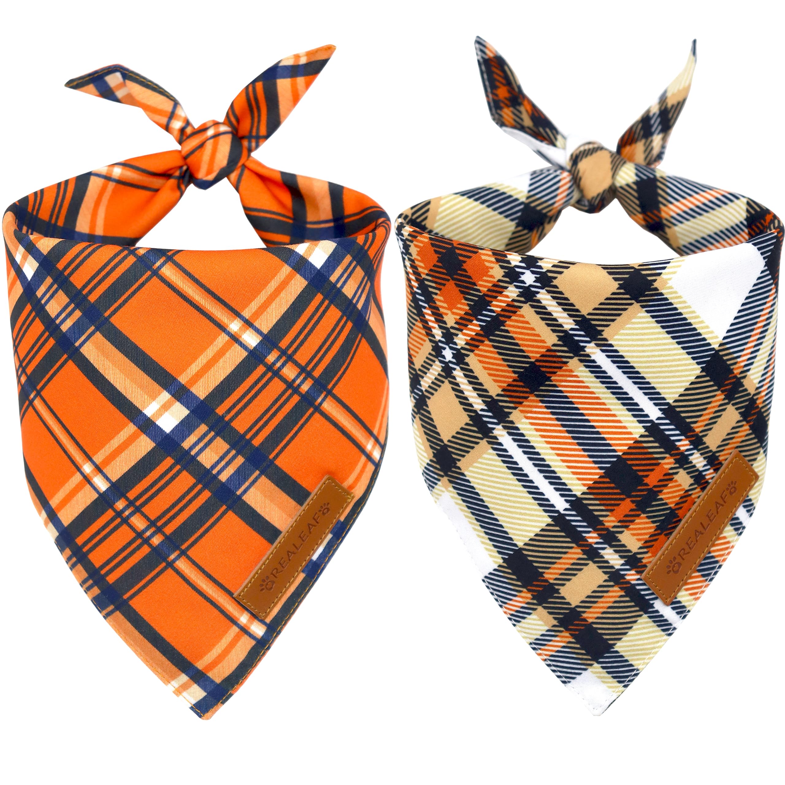 Realeaf Fall Dog Bandanas 2 Pack, Reversible Orange Plaid Holiday Pet ...