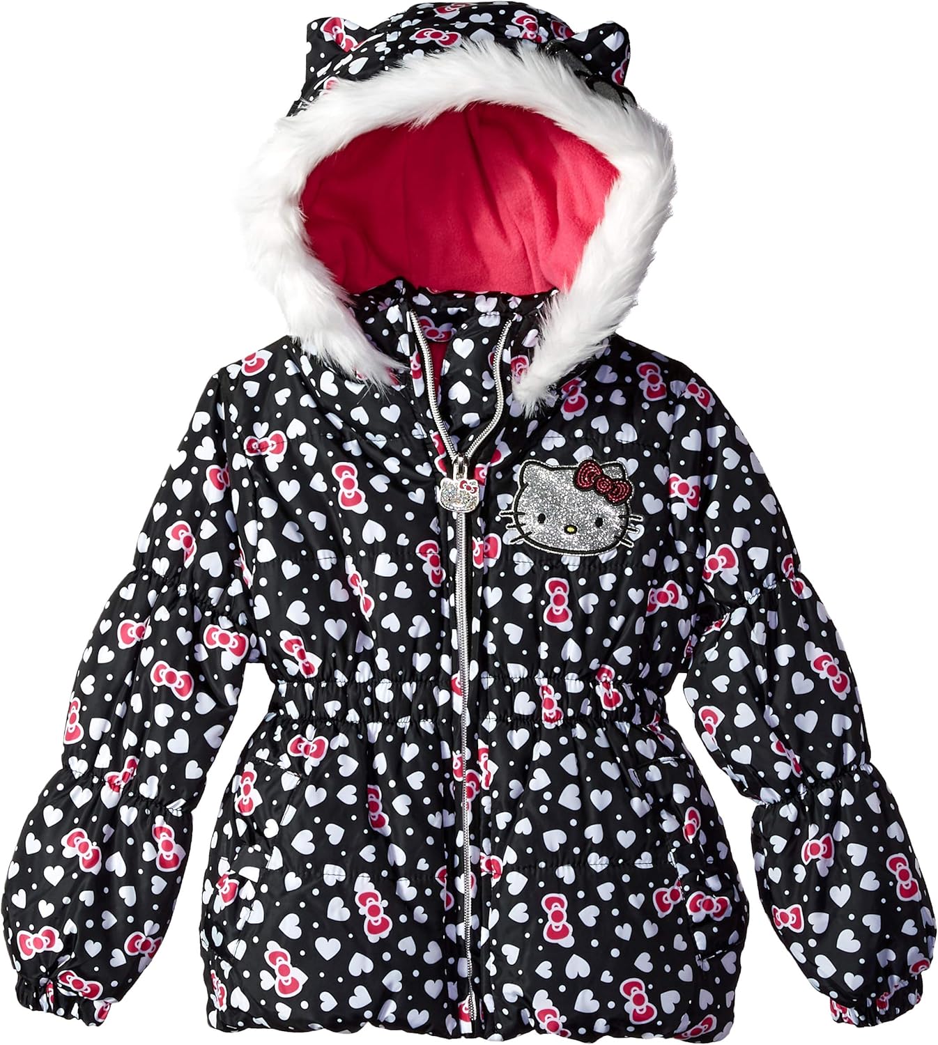 Hello Kitty Girls' All Over Printed Puffer Jacket with Fur Trim Hood ...