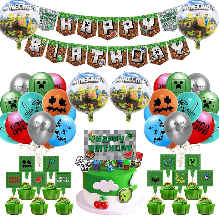Buy Pixel Game Party Supplies, Minecraft Birthday Decorations includes ...