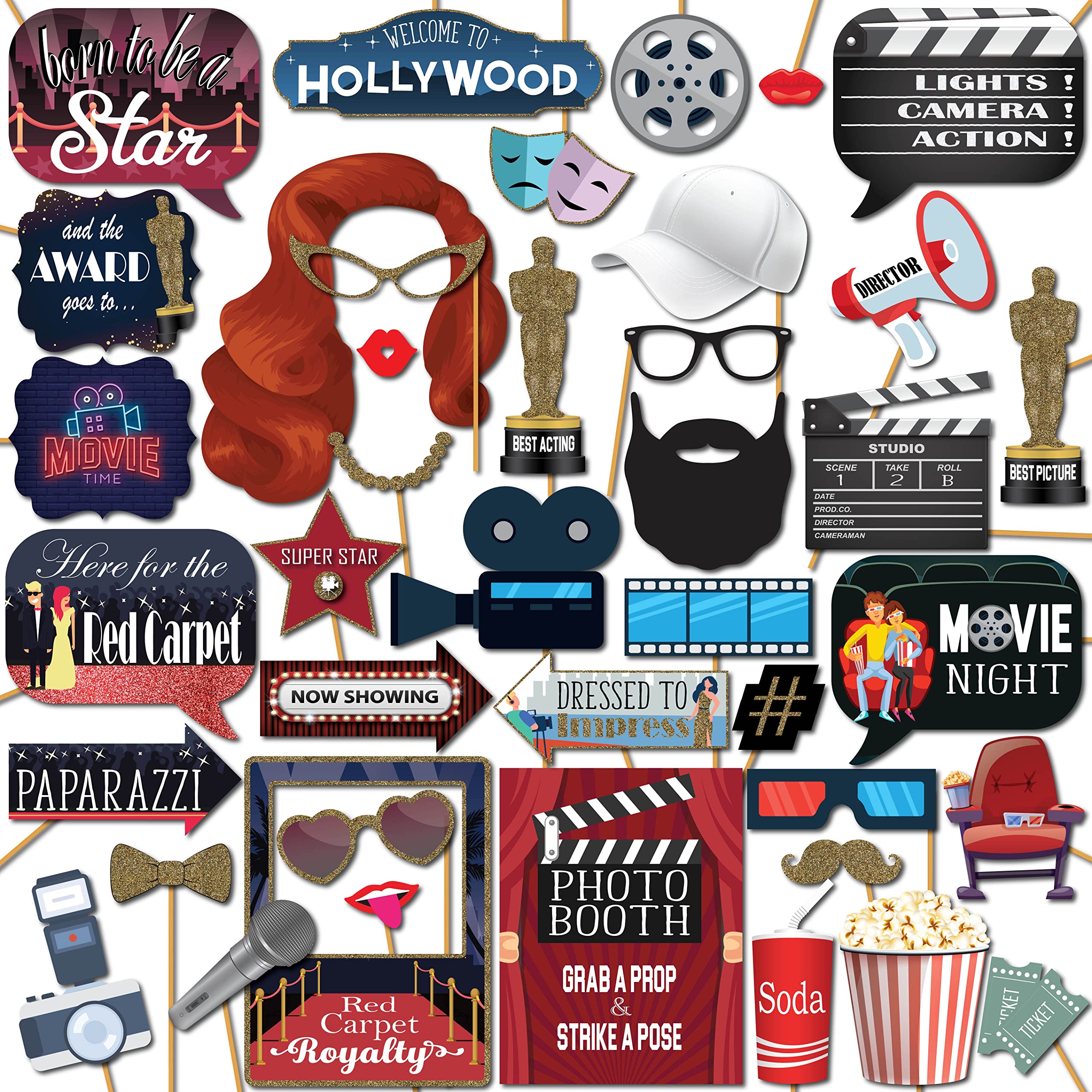 Mua Hollywood Photo Booth Props - 41-pc Photobooth Kit with 8 x 10-Inch ...