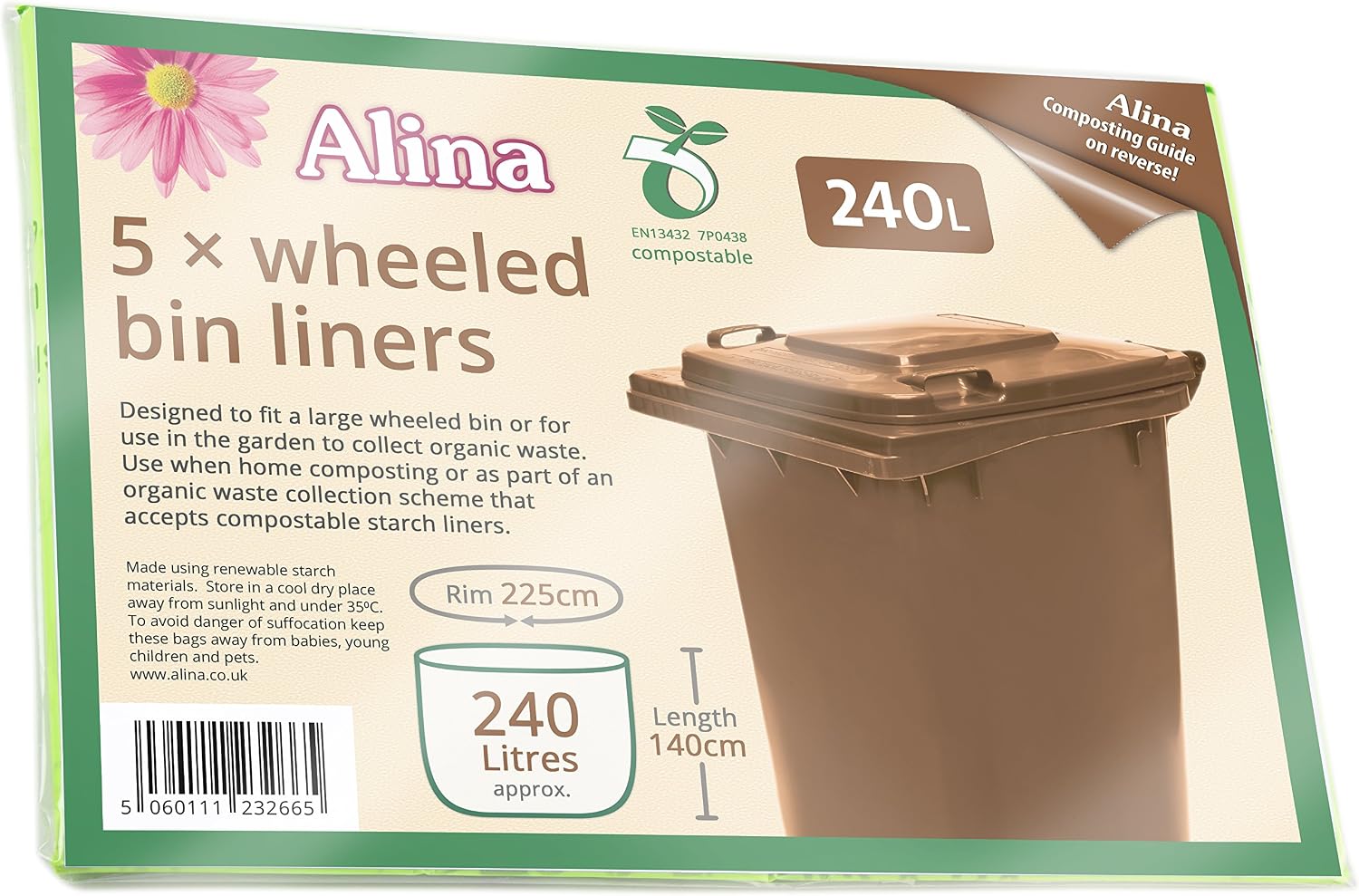 Alina 240L Compostable Wheeled Bin Liner/Garden Waste Compost Sack ...