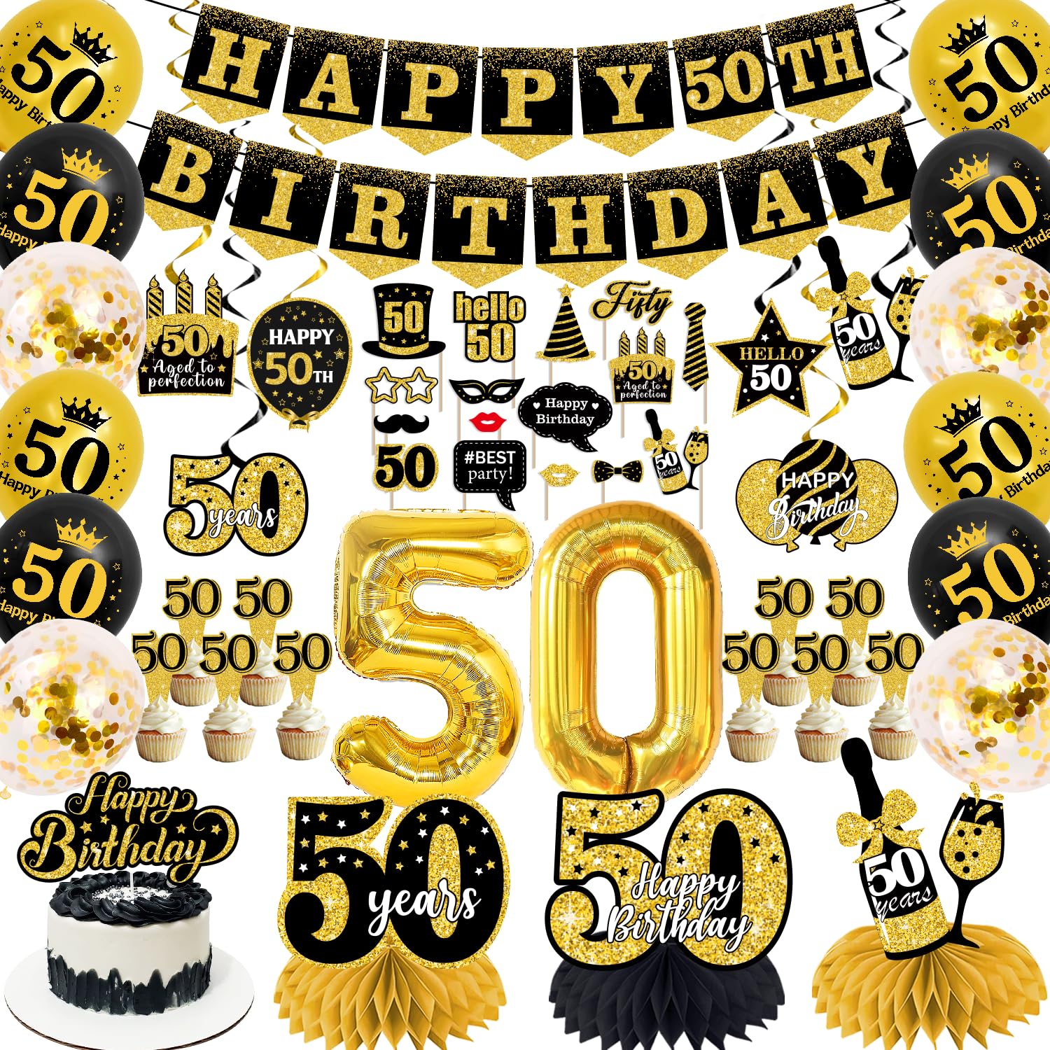 Happy 50th Birthday Decorations, 50th Birthday Balloons Banner Hanging ...