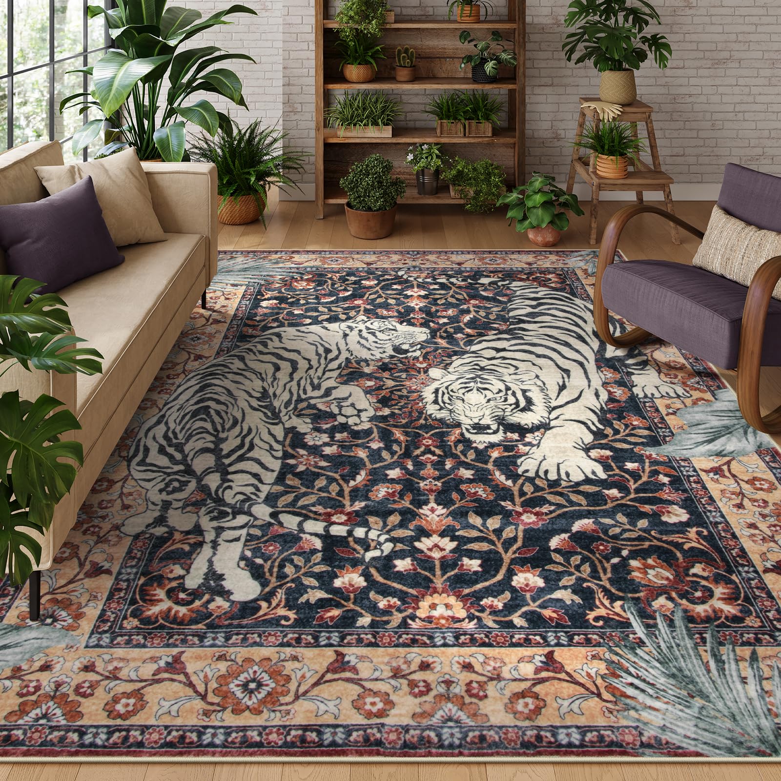 Moynesa Tiger Washable Area Rug, 9x12 Living Room Rug, Vintage Non Slip ...