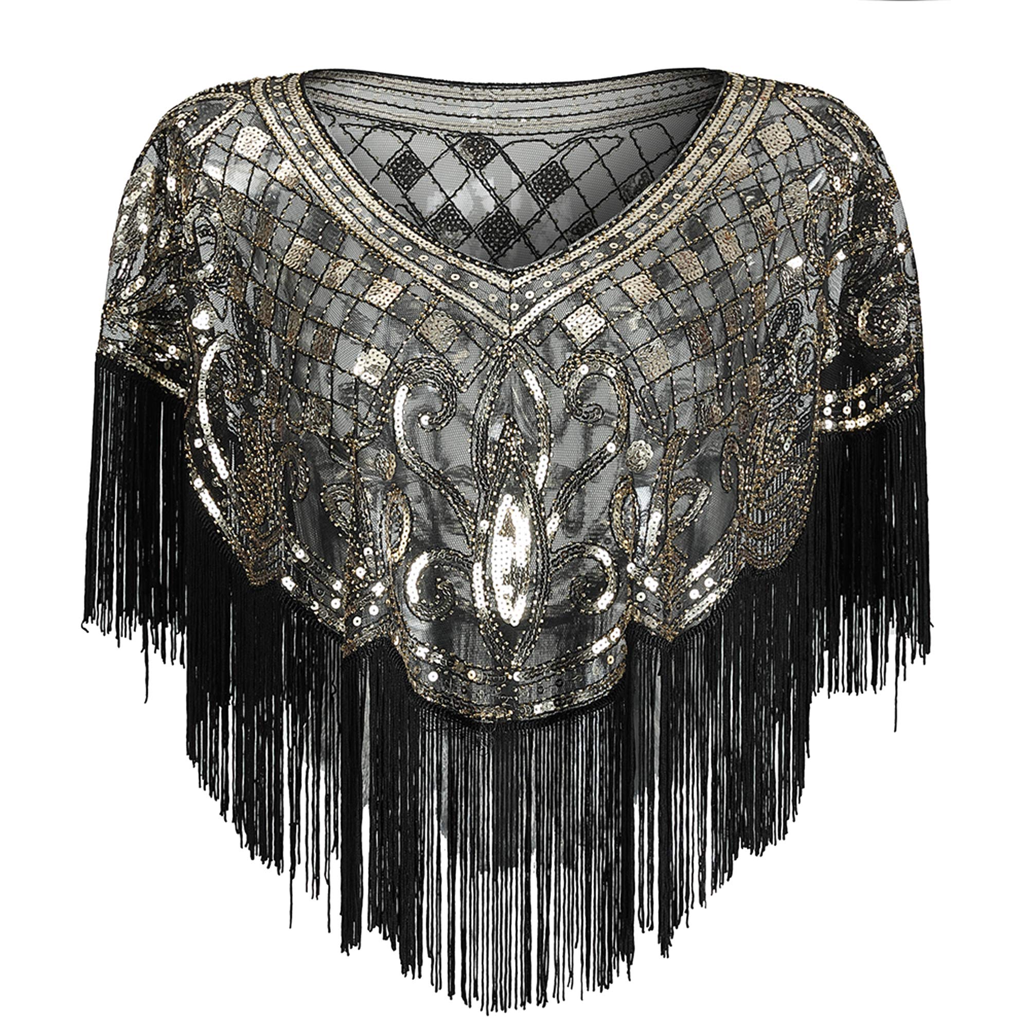 MORFORU Women's 1920s Sequined Shawl Fringed Sheer Wraps Bolero Flapper ...