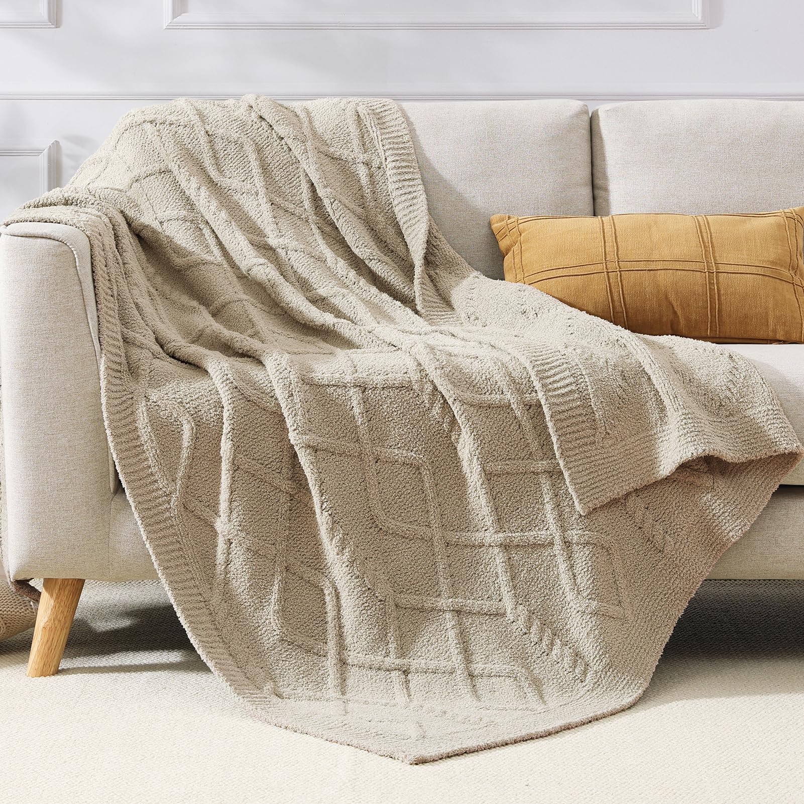 WRENSONGE Beige Throw Blanket for Couch, Soft Fluffy Cozy Warm Knitted ...