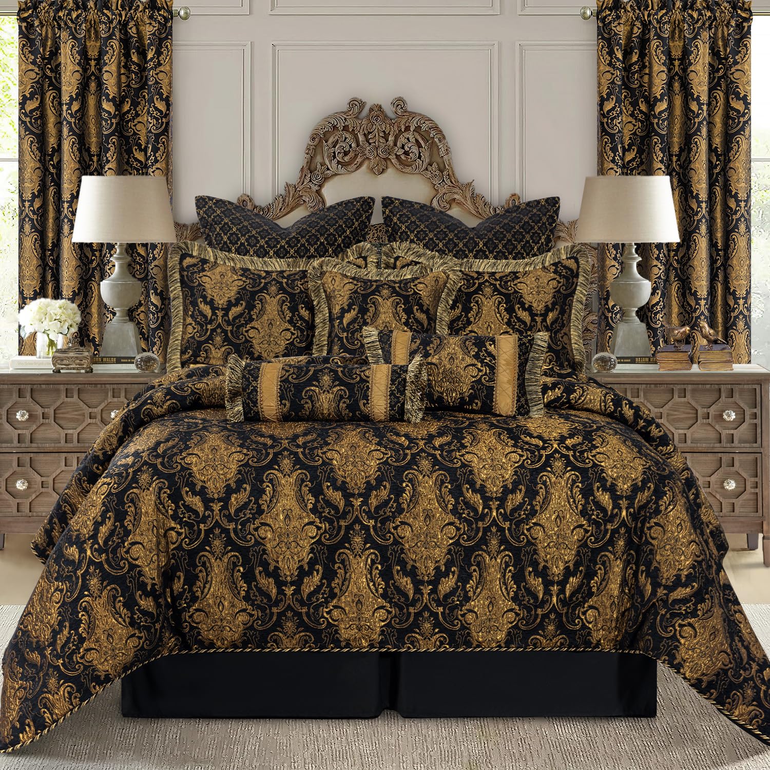 Loom and Mill 9-Piece Jacquard Comforter Set, Luxury Classic Black Damask Jacquard Comforter ...