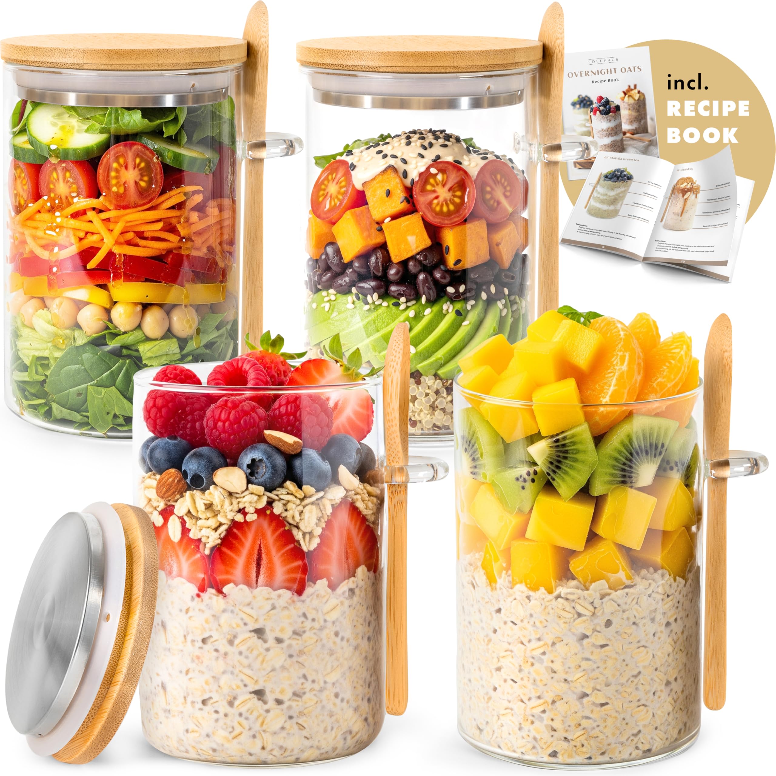 Overnight Oats Containers with Lids, Labels & Spoons (4 x 16oz) Glass ...