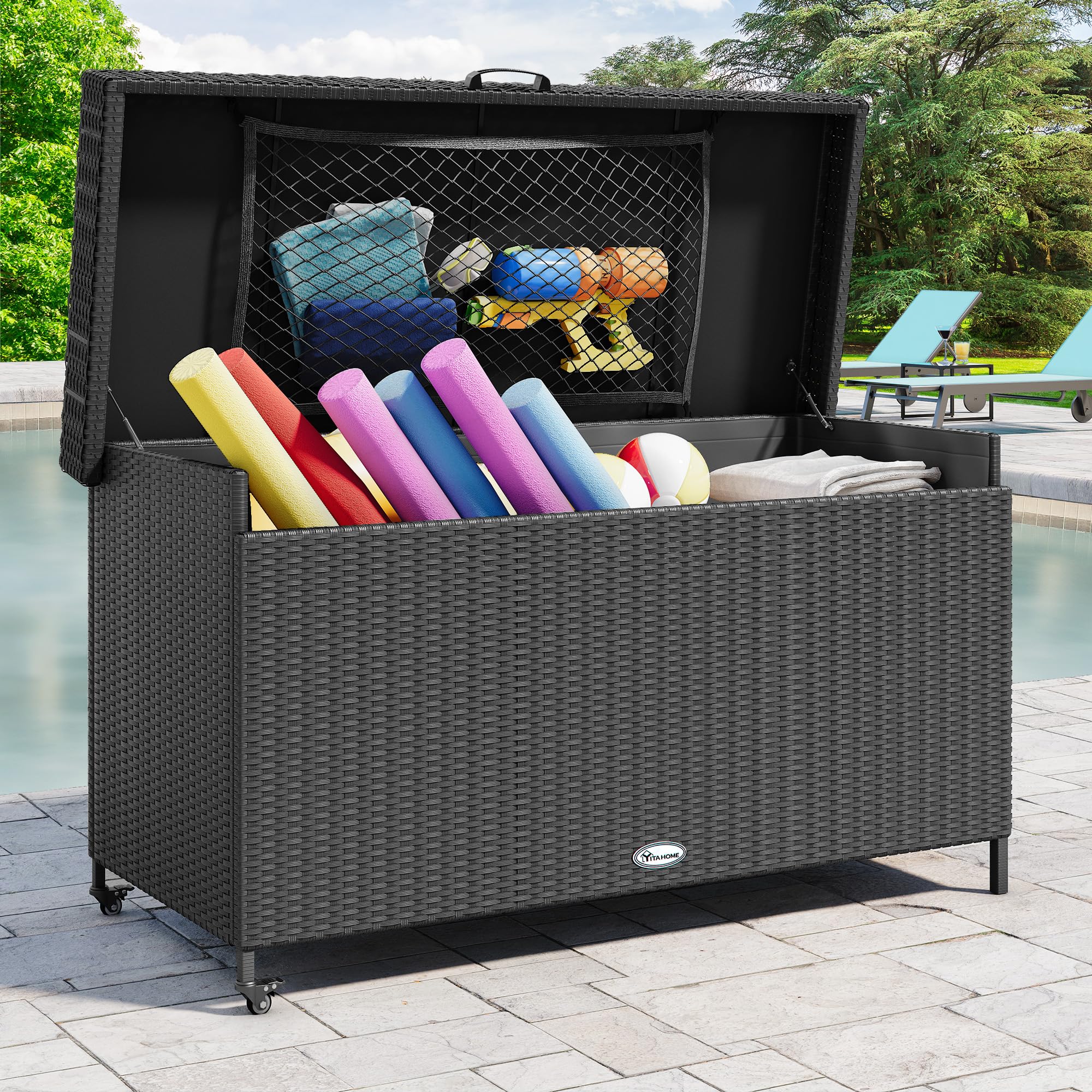 YITAHOME 200 Gallon Large Wicker Deck Box w/Storage Net, Rattan XL ...