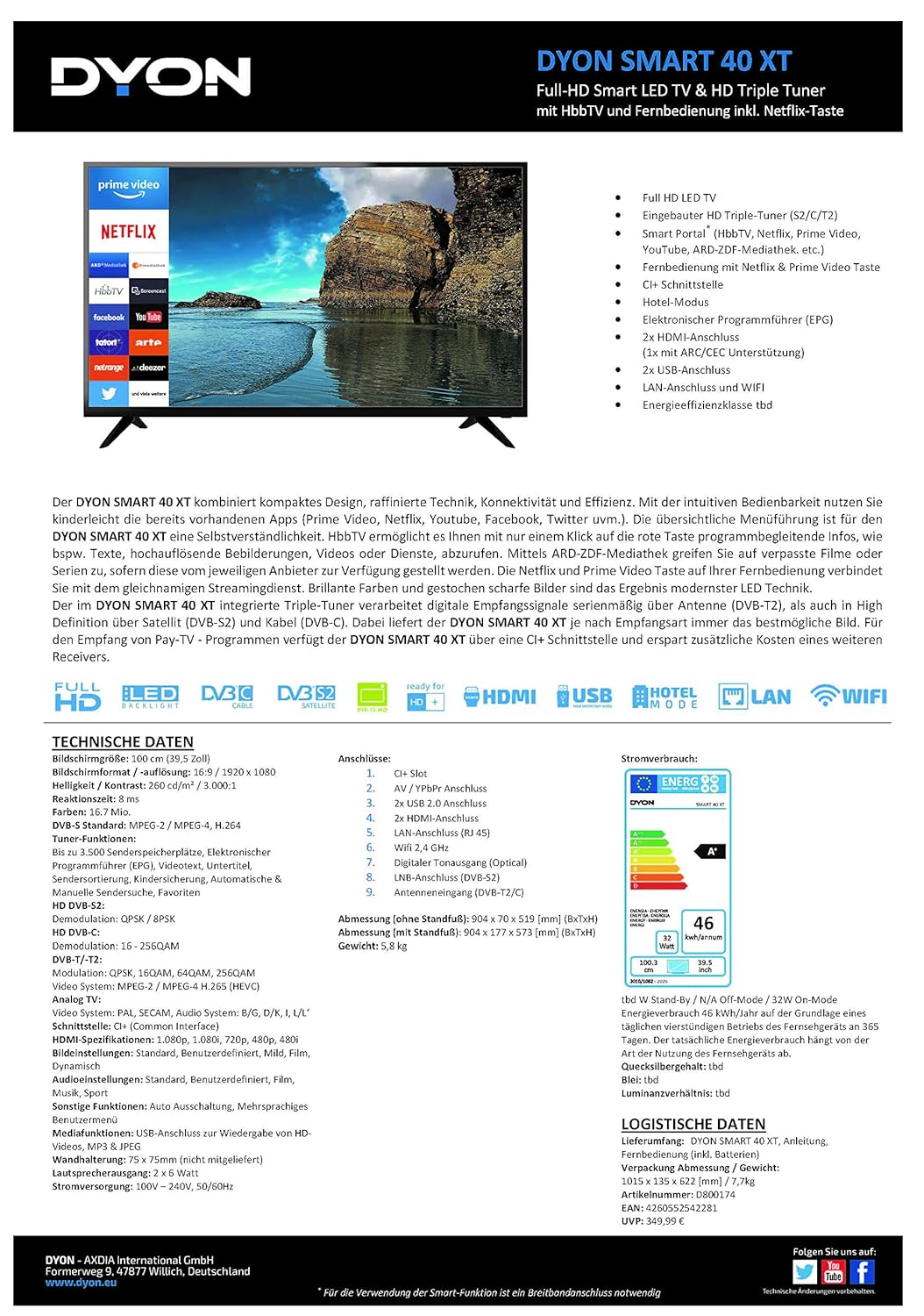 DYON Smart 40 XT 100 cm (40 Zoll) Fernseher (Full-HD Smart TV, HD ...