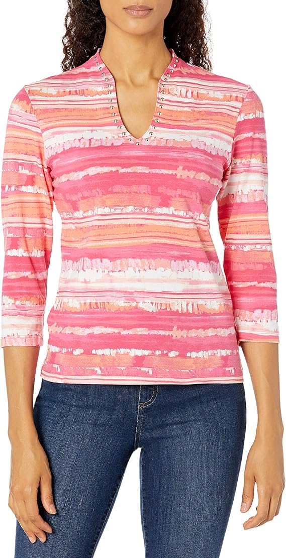 RUBY RD. Women's Embellished Brush Striped Top Blouse : Amazon.co.uk ...