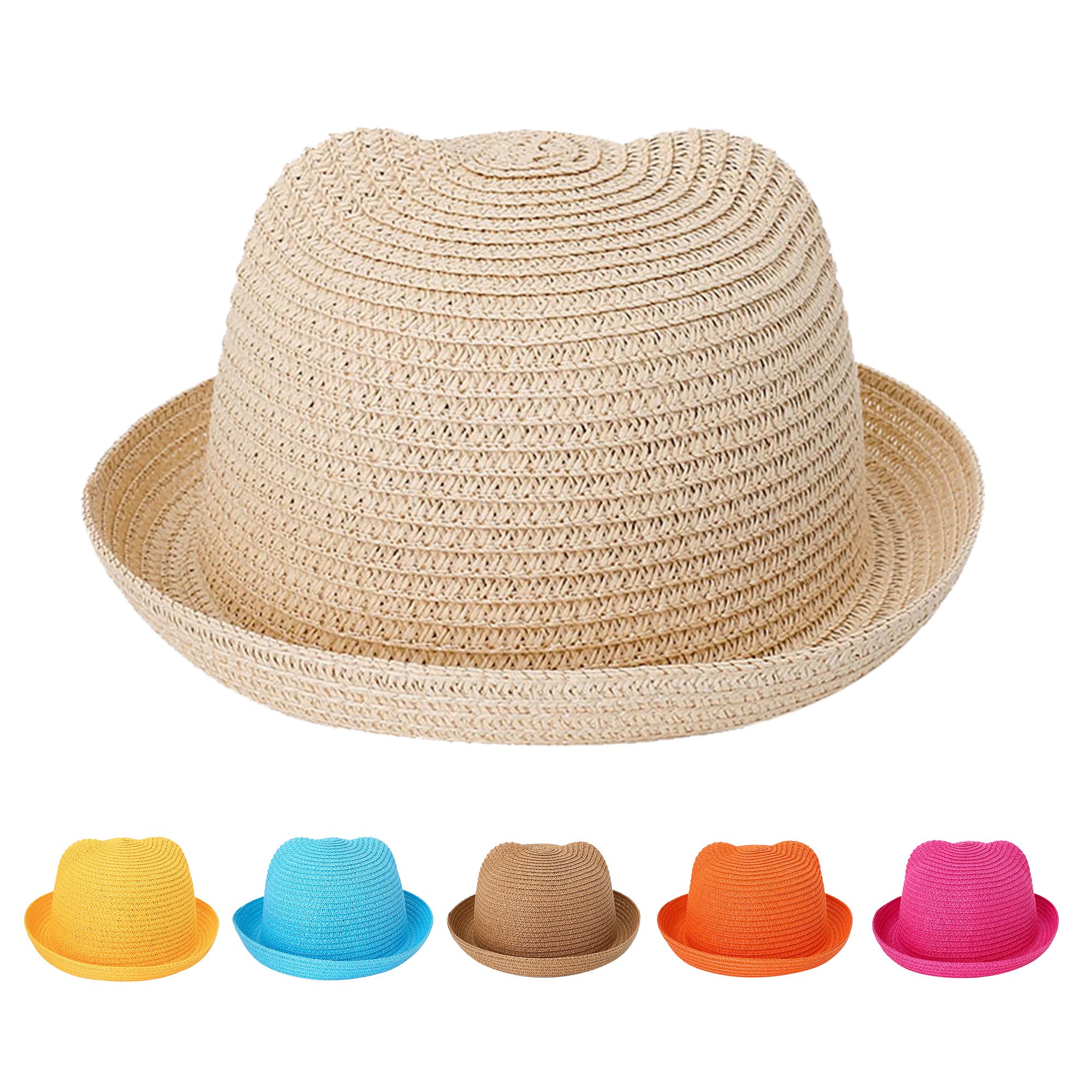 Kids Anti-UV Straw Sun Hat Cat Ear Summer Cap for Girl Boys Bucket Hat ...