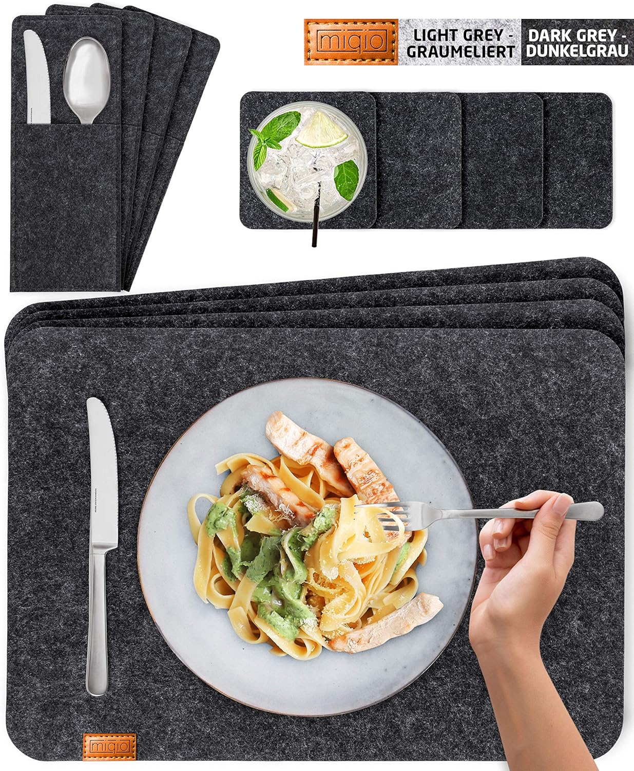 MIQIOﾮ Scandi Style Felt Place Mats with real Leather Label - Washable ...