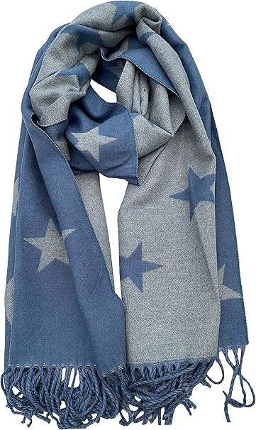 BLUE STAR PRINT SUPER SOFT RED GREY SCARF,BEAUTIFUL TASSEL REVERS ABLE ...