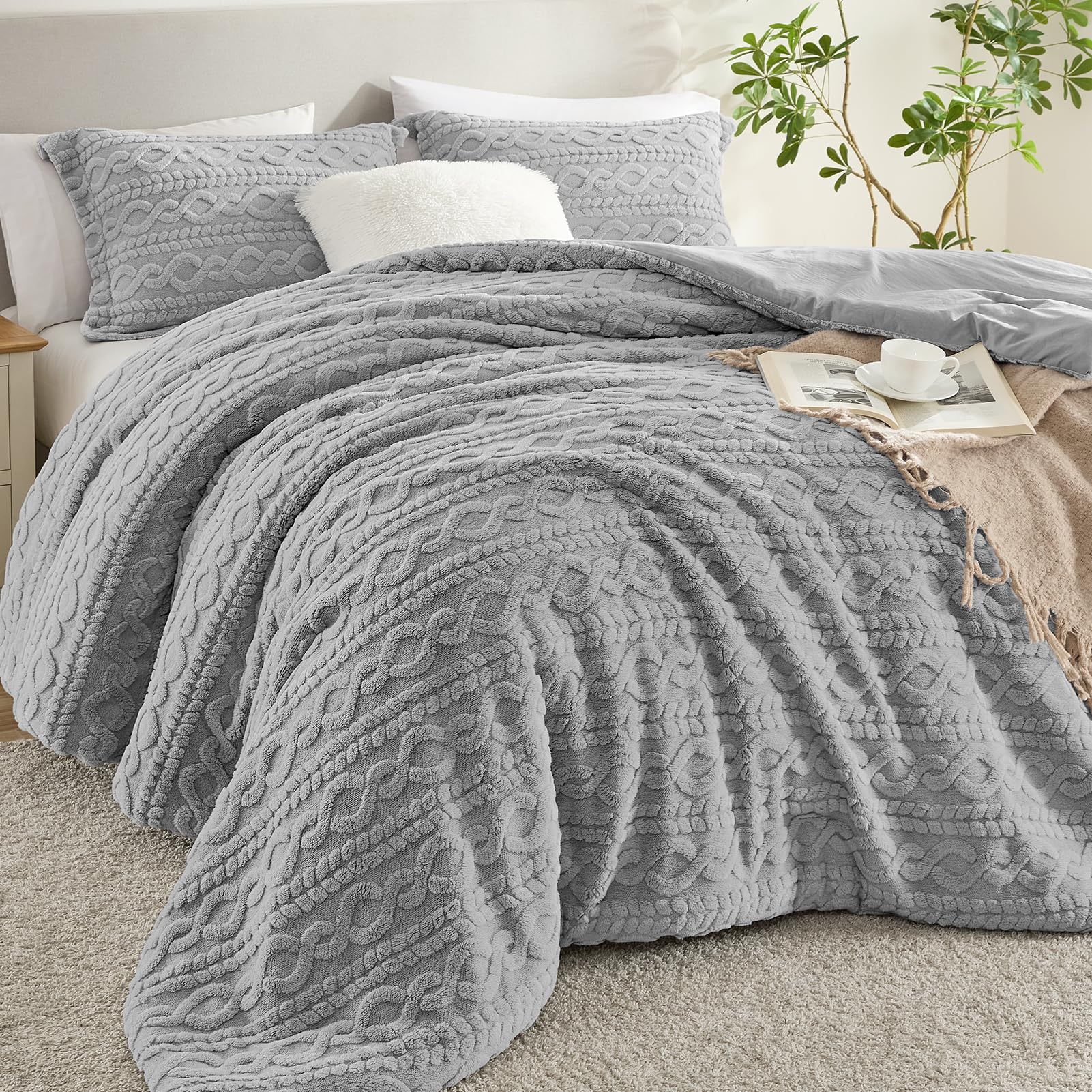 Homelike Moment Fleece Comforter Set King, Grey Fluffy Warm Comforter ...