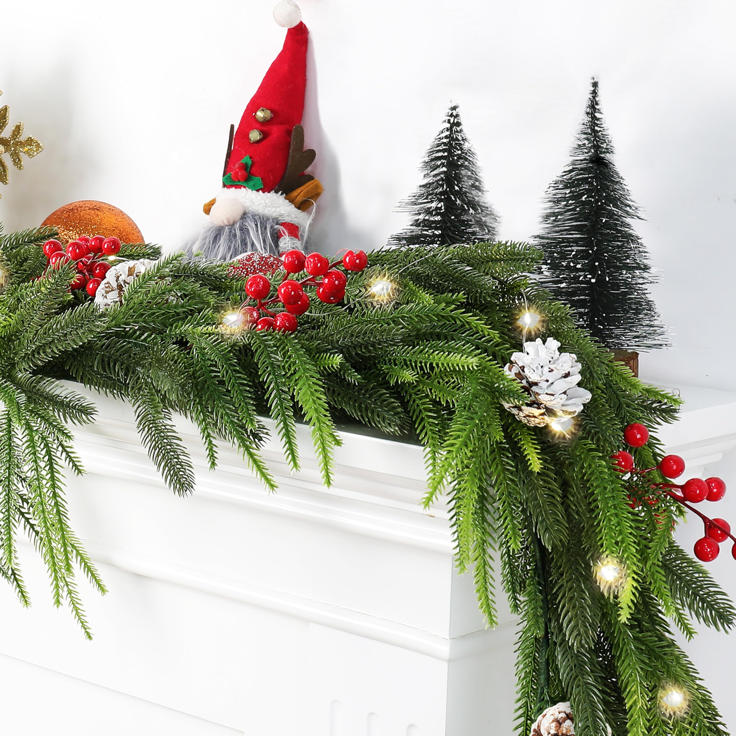 Fayoo Christmas Norfolk Pine Garland Set-9 Ft Artificial Faux Greenery ...