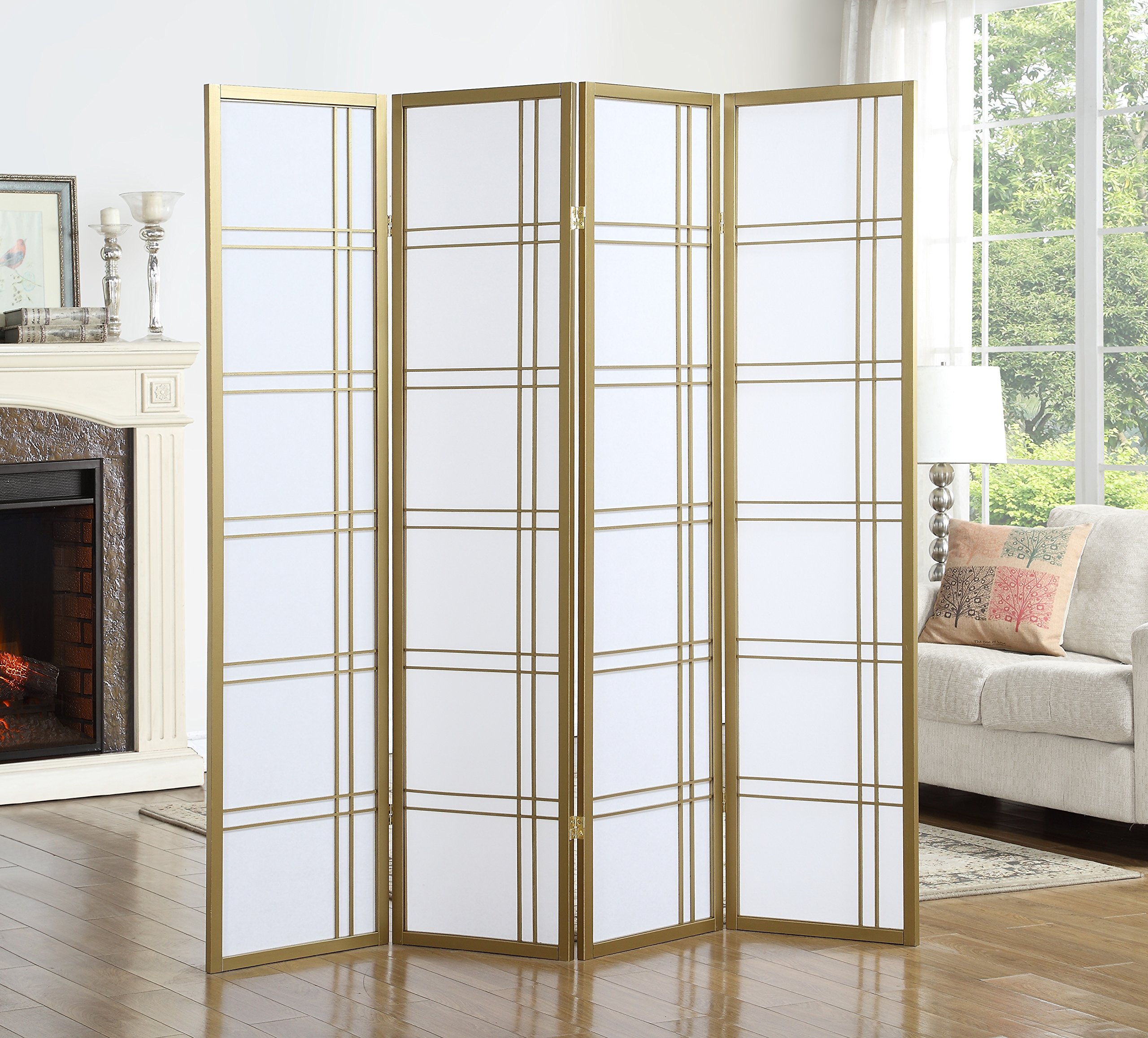 Roundhill Furniture Seto 4-Panel 4 Golden Room Divider Screen, Gold for ...