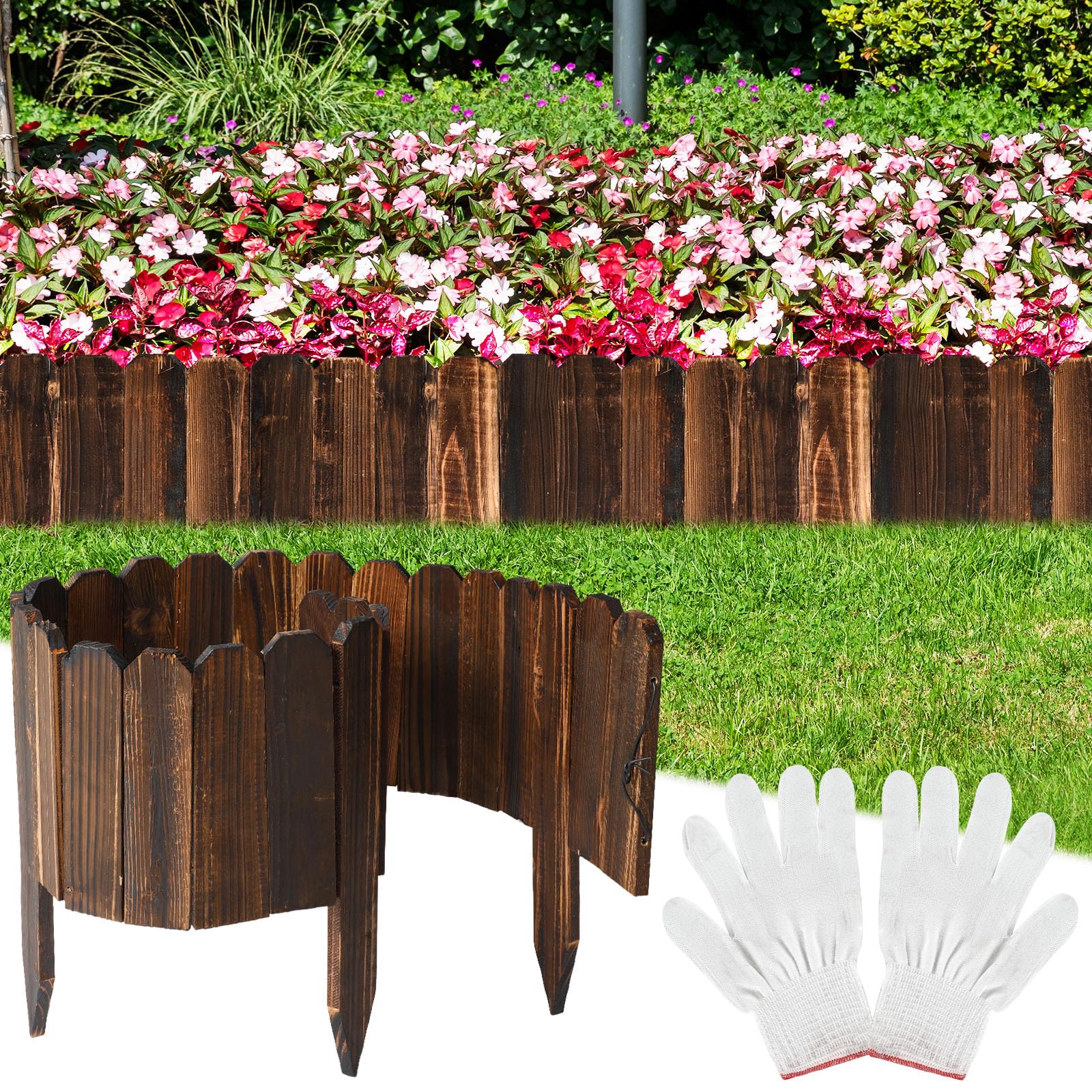 Bucherry 8 Pcs Wood Garden Edging Border Fence with White Gloves Wooden ...