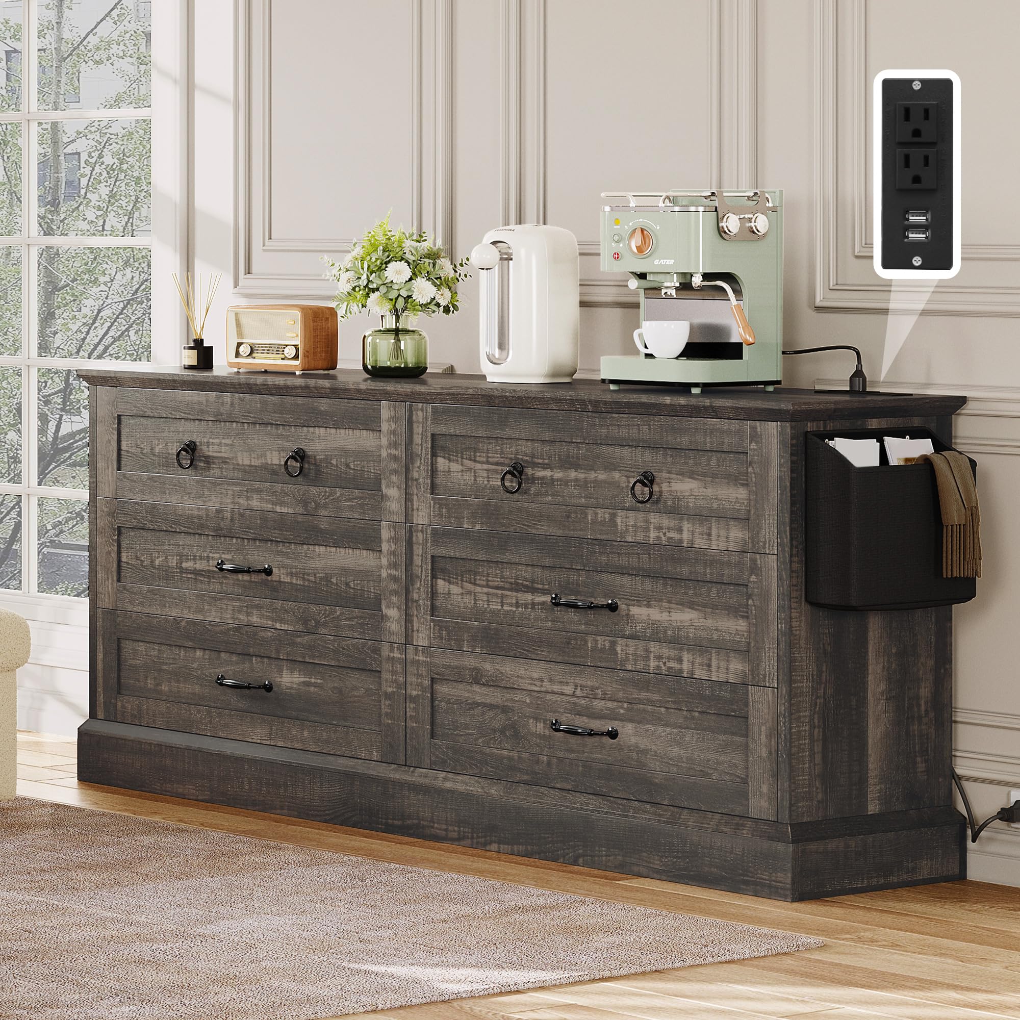YITAHOME Farmhouse 6 Drawers Dresser, 59" Wide Wood Rustic Drawers with ...