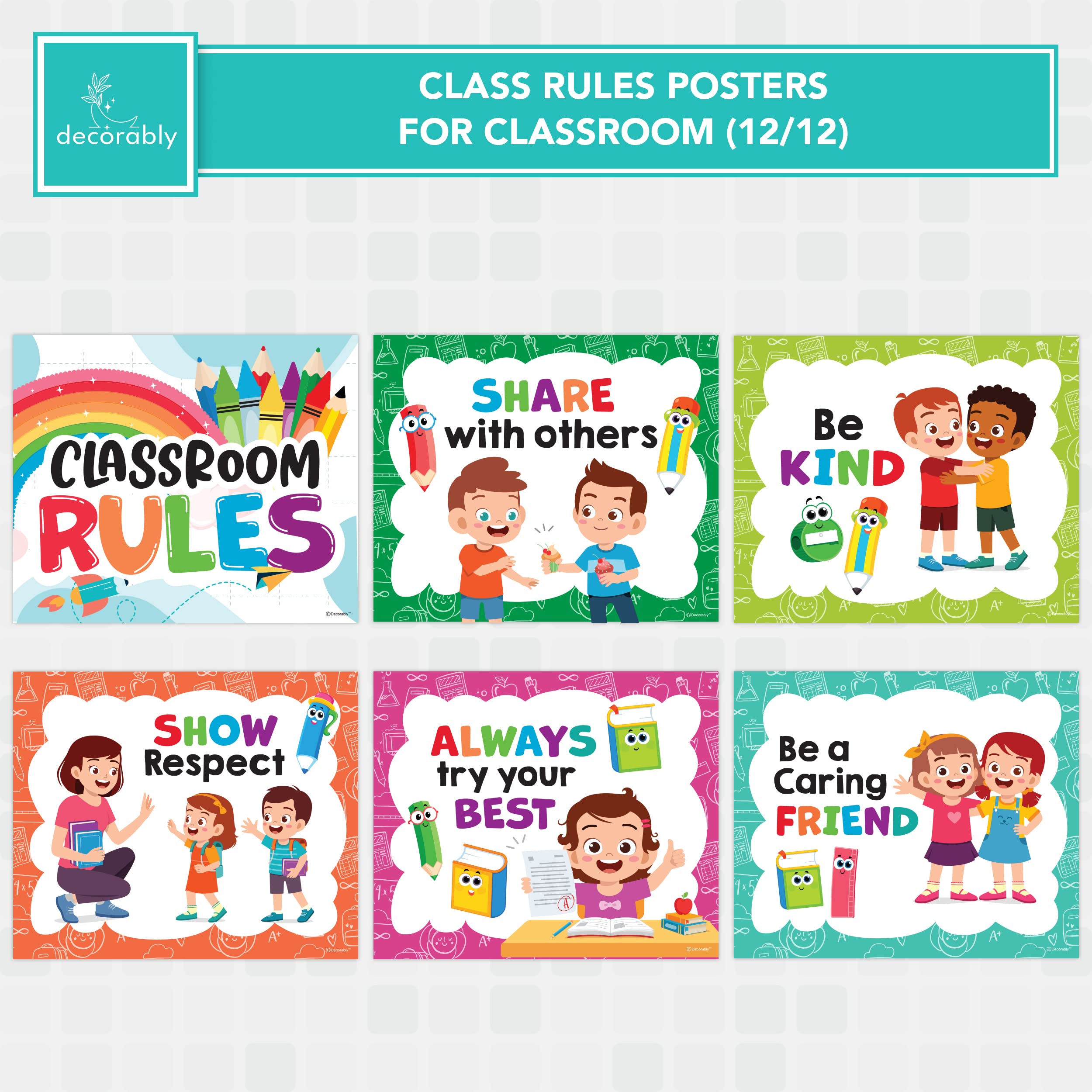 Mua Decorably 12 Hanging Colorful Classroom Rules Poster Set with ...