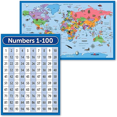 Amazon.com : 2 Pack - World Map Poster for Kids [Illustrated] + Numbers ...