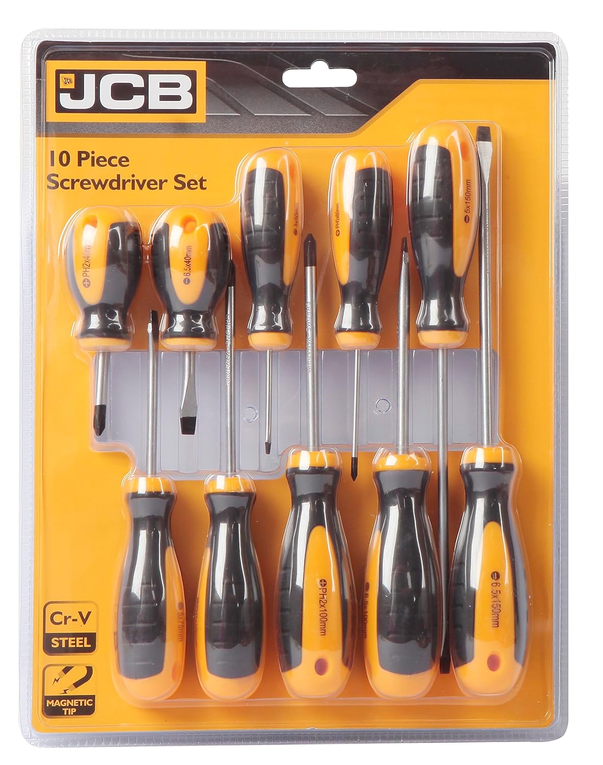 JCB Tools 10pc Screw Driver set:3x50,6.5x100,6.6x150,6.5x40,5x75,5x150 ...