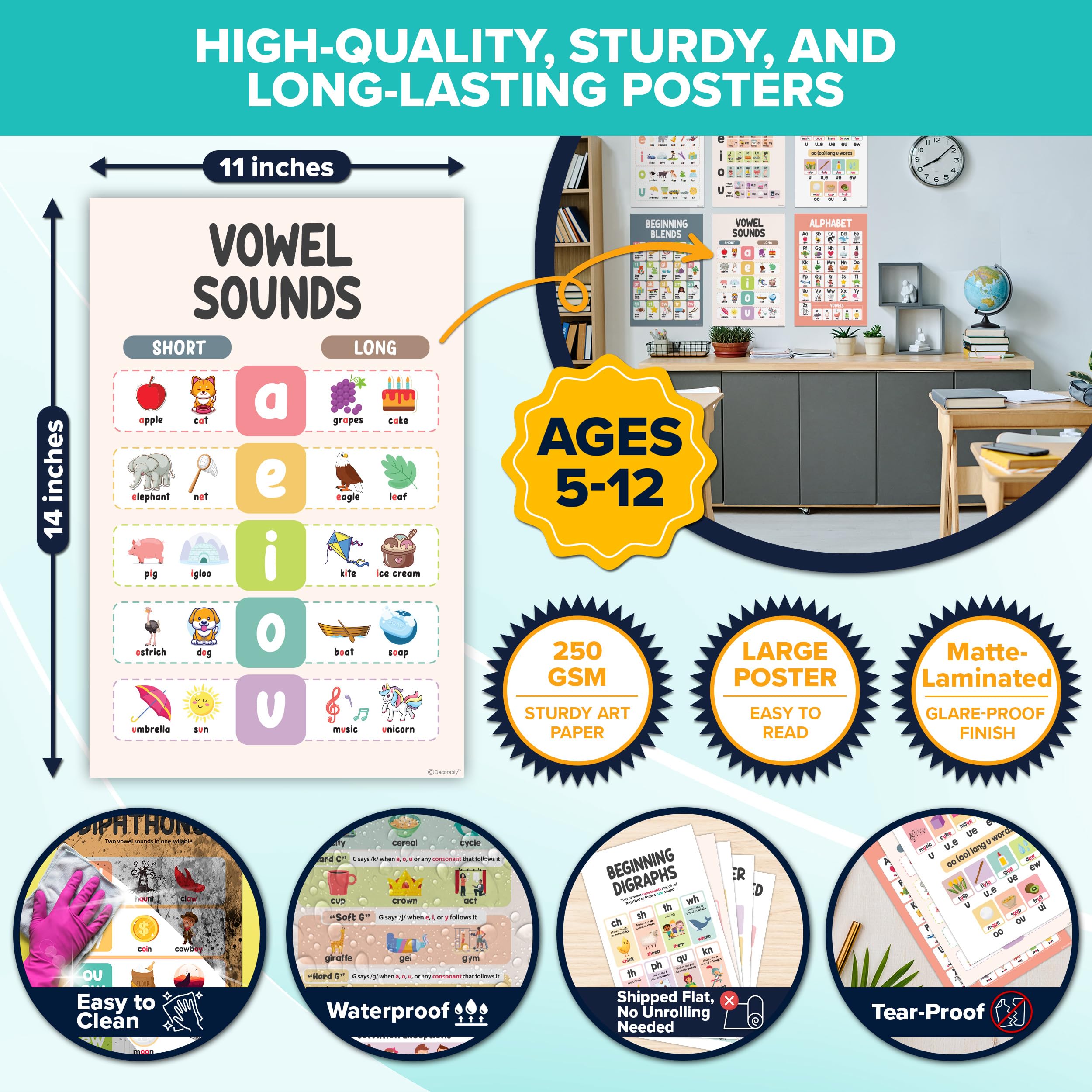 Mua Decorably Phonics Posters for Classroom - 15 Vowel Posters for ...