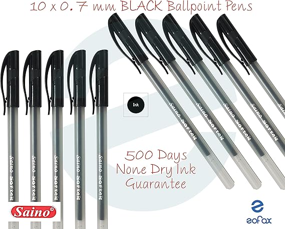 10 x 0.7mm SAINO Softek BLACK Ballpoint Pens Smooth Ink Flow Office ...