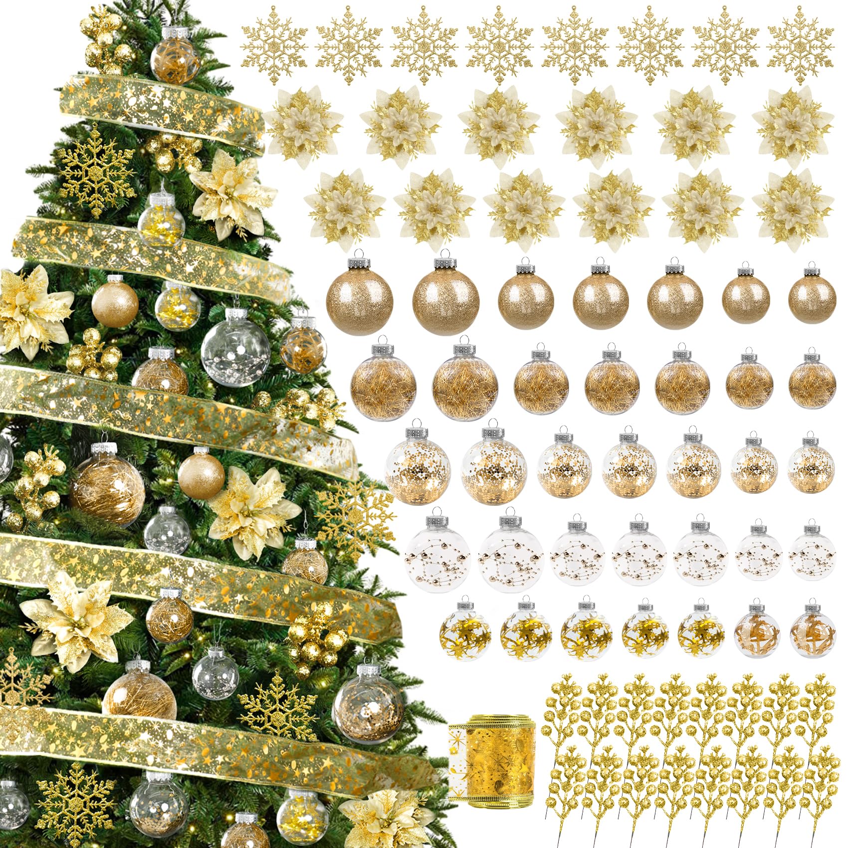Roberly 72PCS Gold Christmas Tree Decorations Set Shatterproof Clear ...