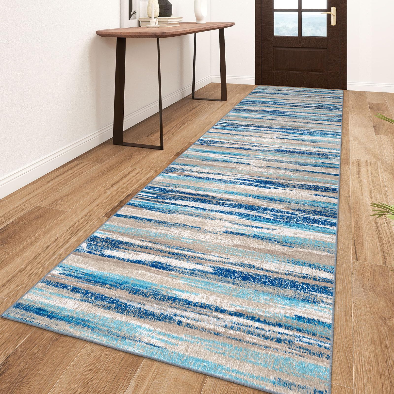 Lansny Modern Abstract Runner Rug 3x10, Blue Washable Kitchen Runner ...