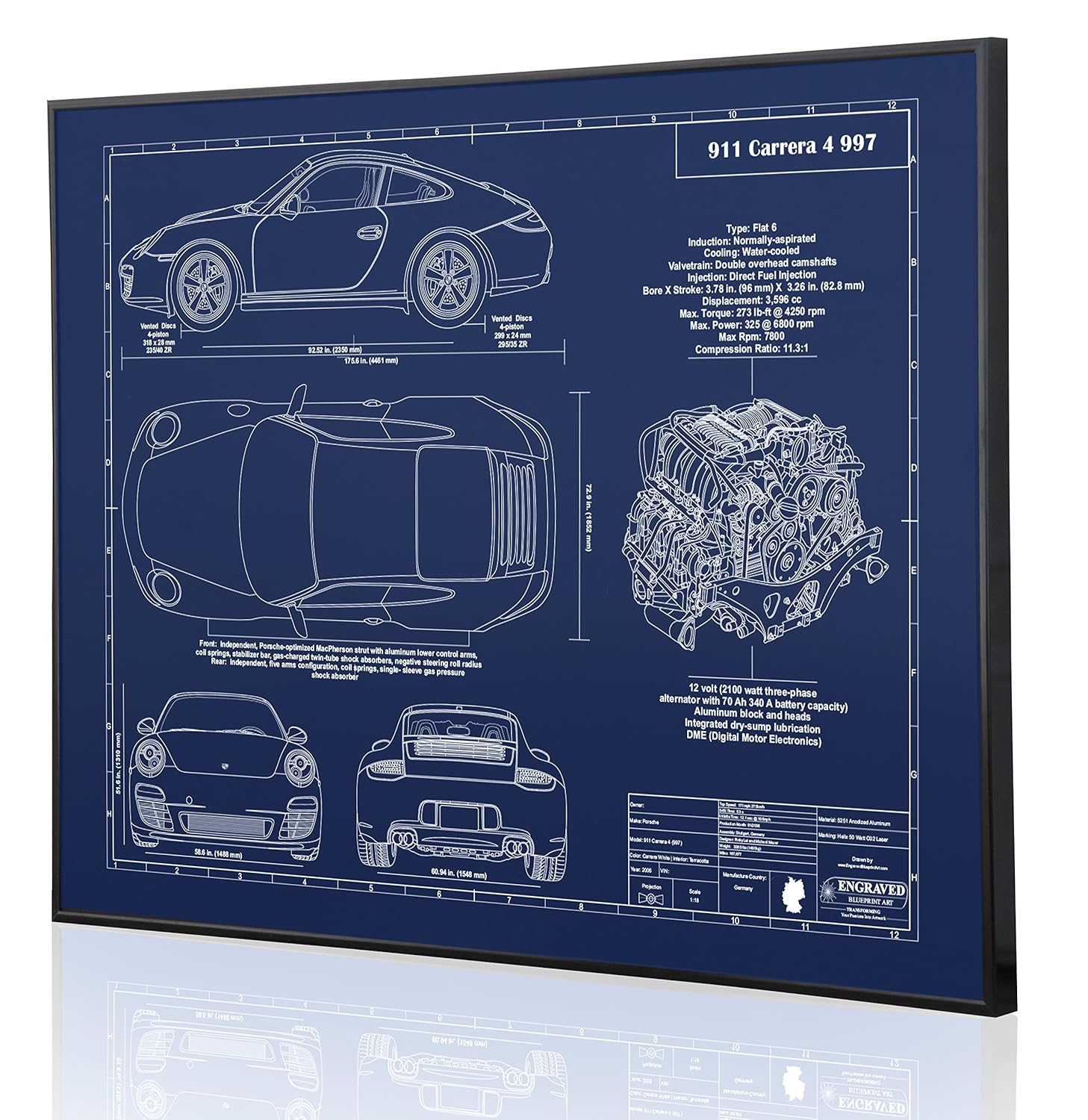 Amazon.com: Porsche 997 911 Carrera 4 Blueprint Artwork-Laser Marked ...
